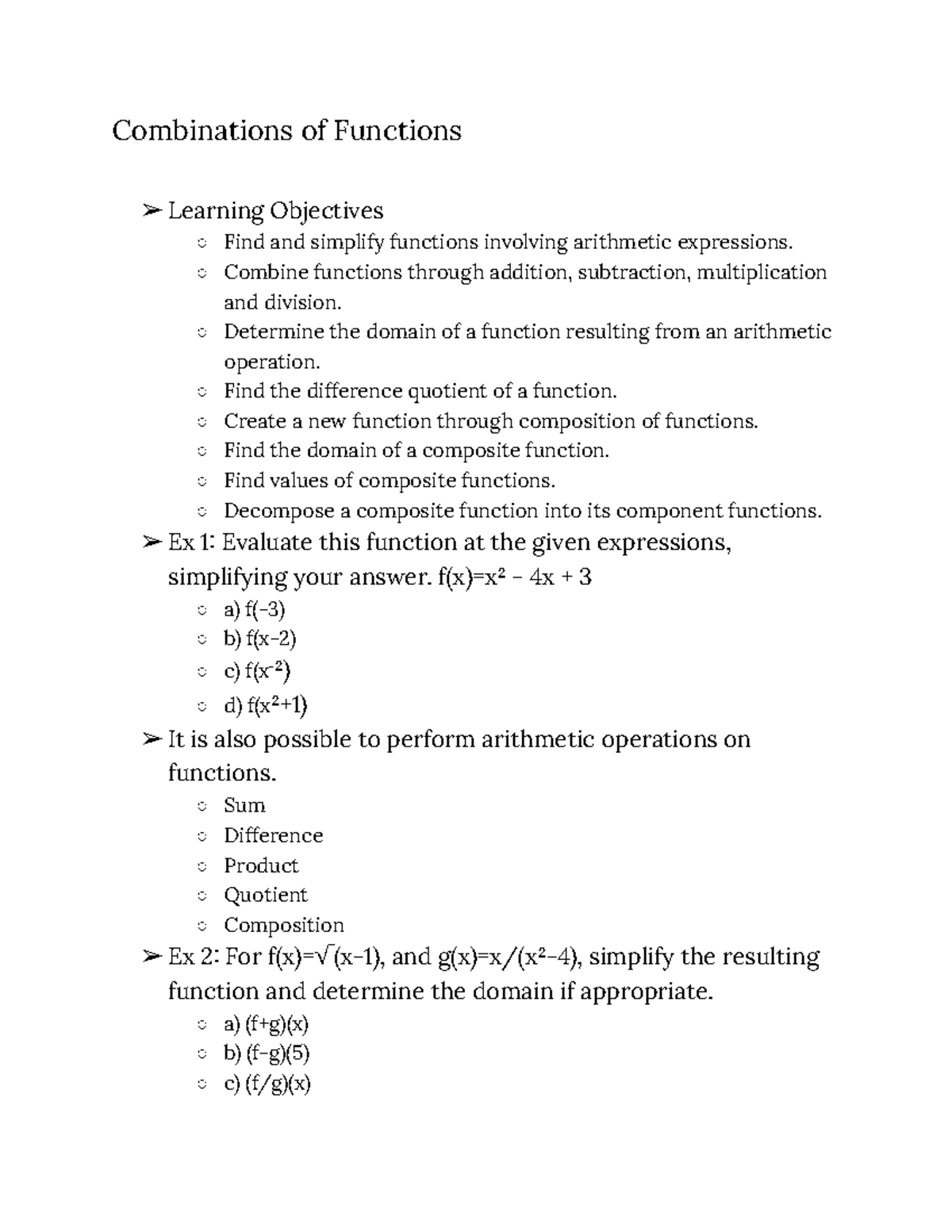 Math 1050 Lecture Notes Class 4 - Combinations of Functions Learning ...