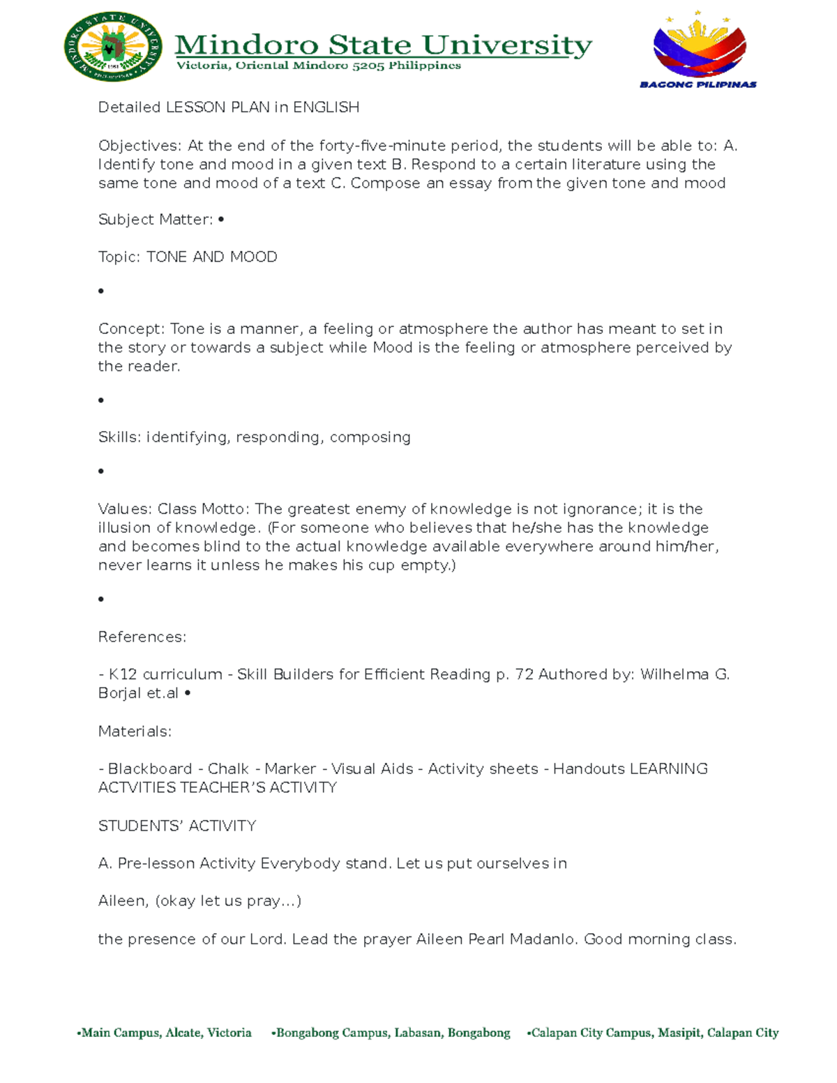 Detailed Lesson PLAN in English TONE AND MOOD - Detailed LESSON PLAN in ...