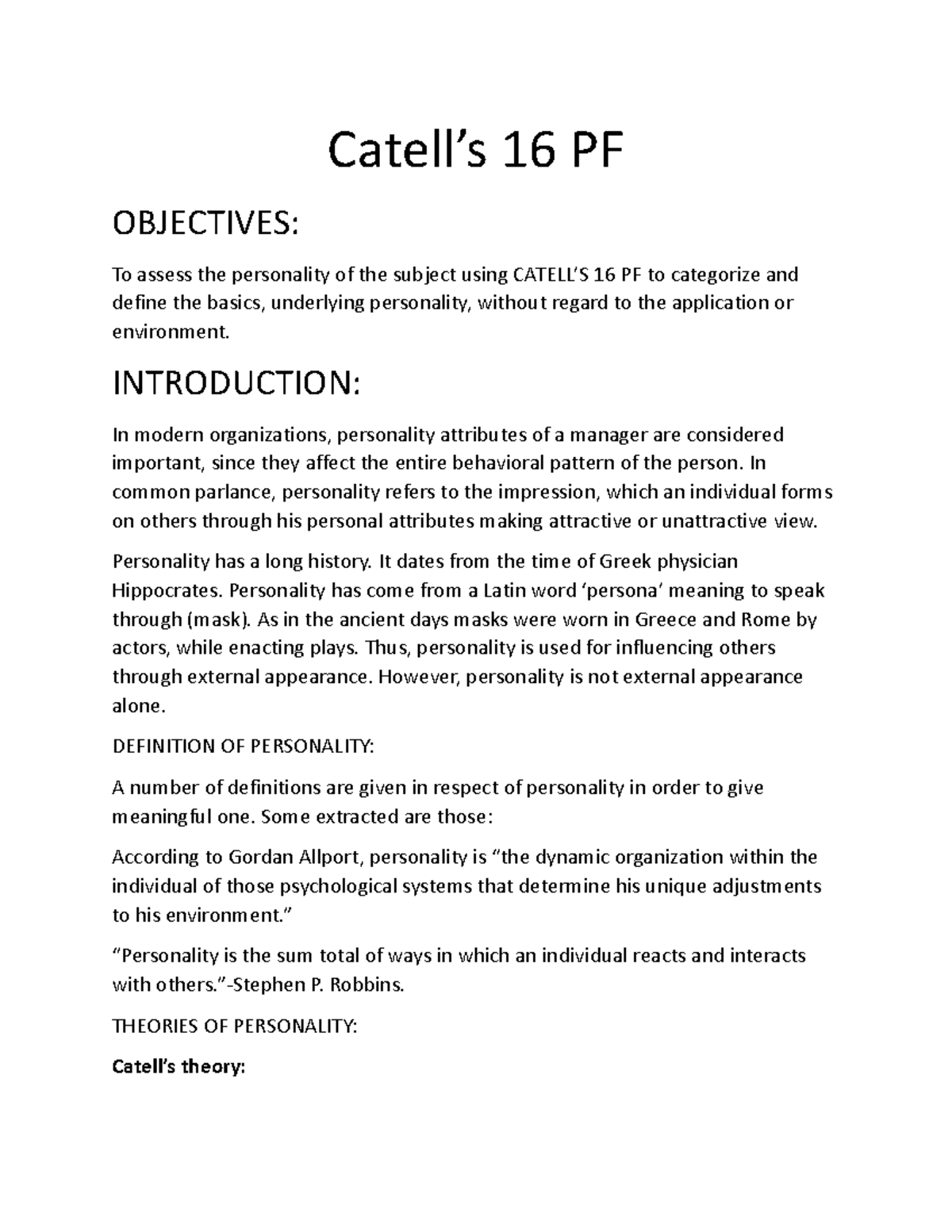 Catell’s 16 PF - 16 pf objective, procedure, the test, it's result ...