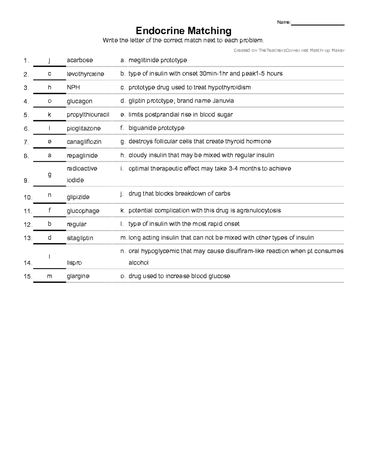 N180 Endocrine Matching Key - Endocrine Matching Write the letter of ...