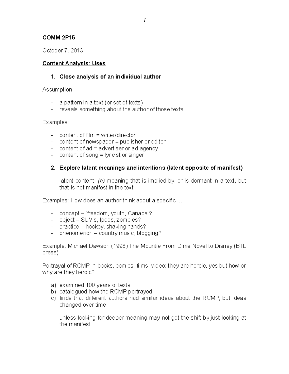 COMM 2P15 - Oct 7 - COMM 2P October 7, 2013 Content Analysis: Uses ...