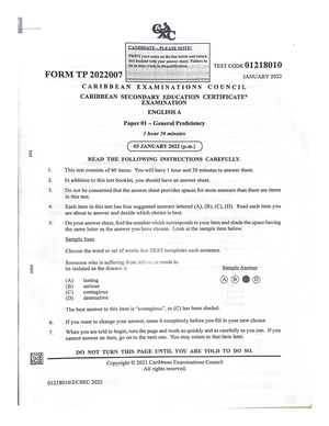 CSEC English A January 2023 P1 - Studocu