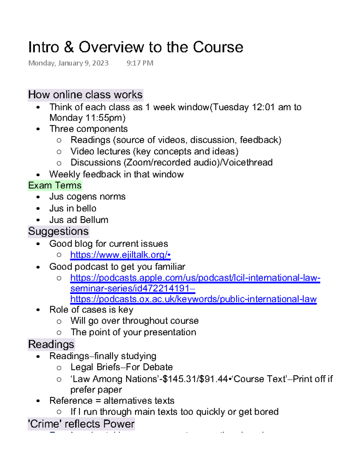 3201 week 1 lecturre - lecture notes with Dan - How online class works ...