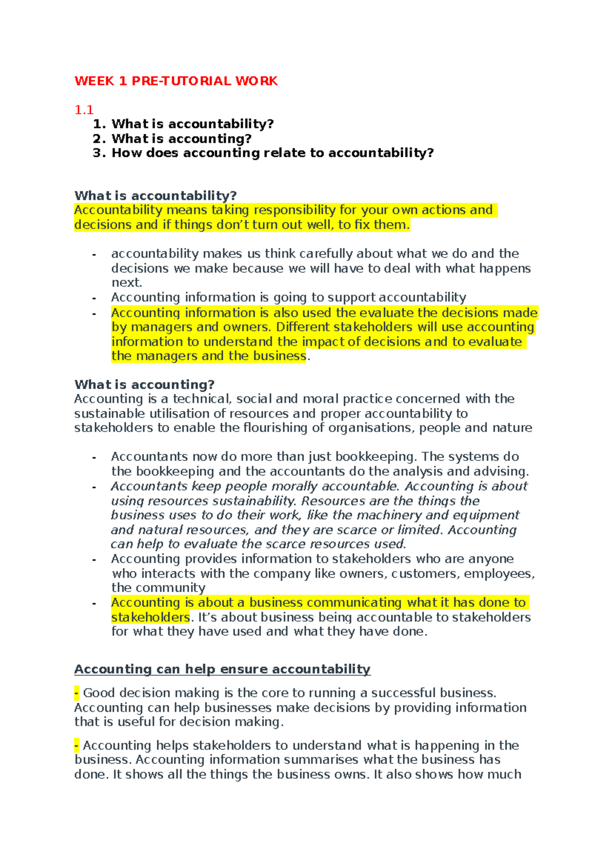 Accounting notes - WEEK 1 PRE-TUTORIAL WORK 1. What is accountability ...