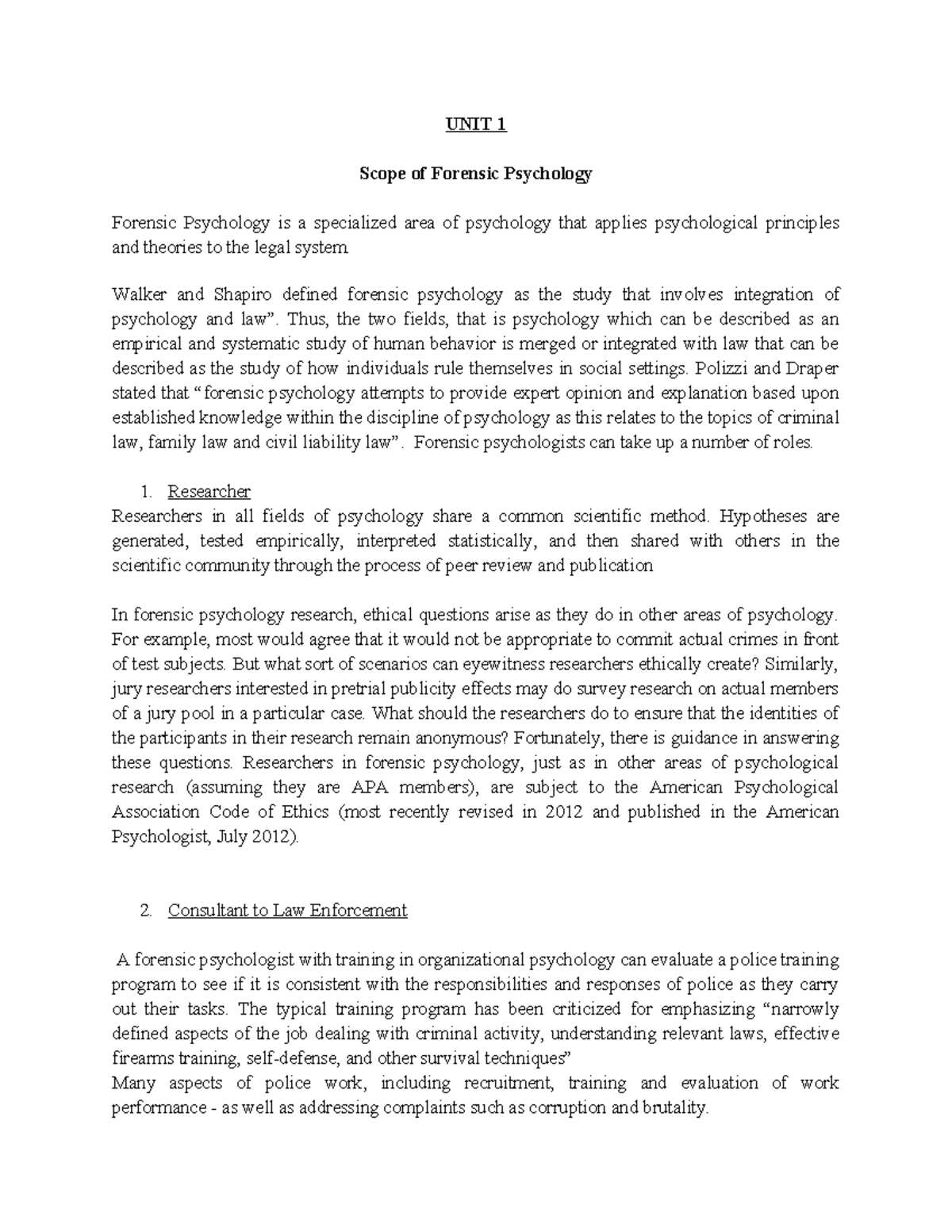 UNIT 1 Forensic Psychology - UNIT 1 Scope of Forensic Psychology ...