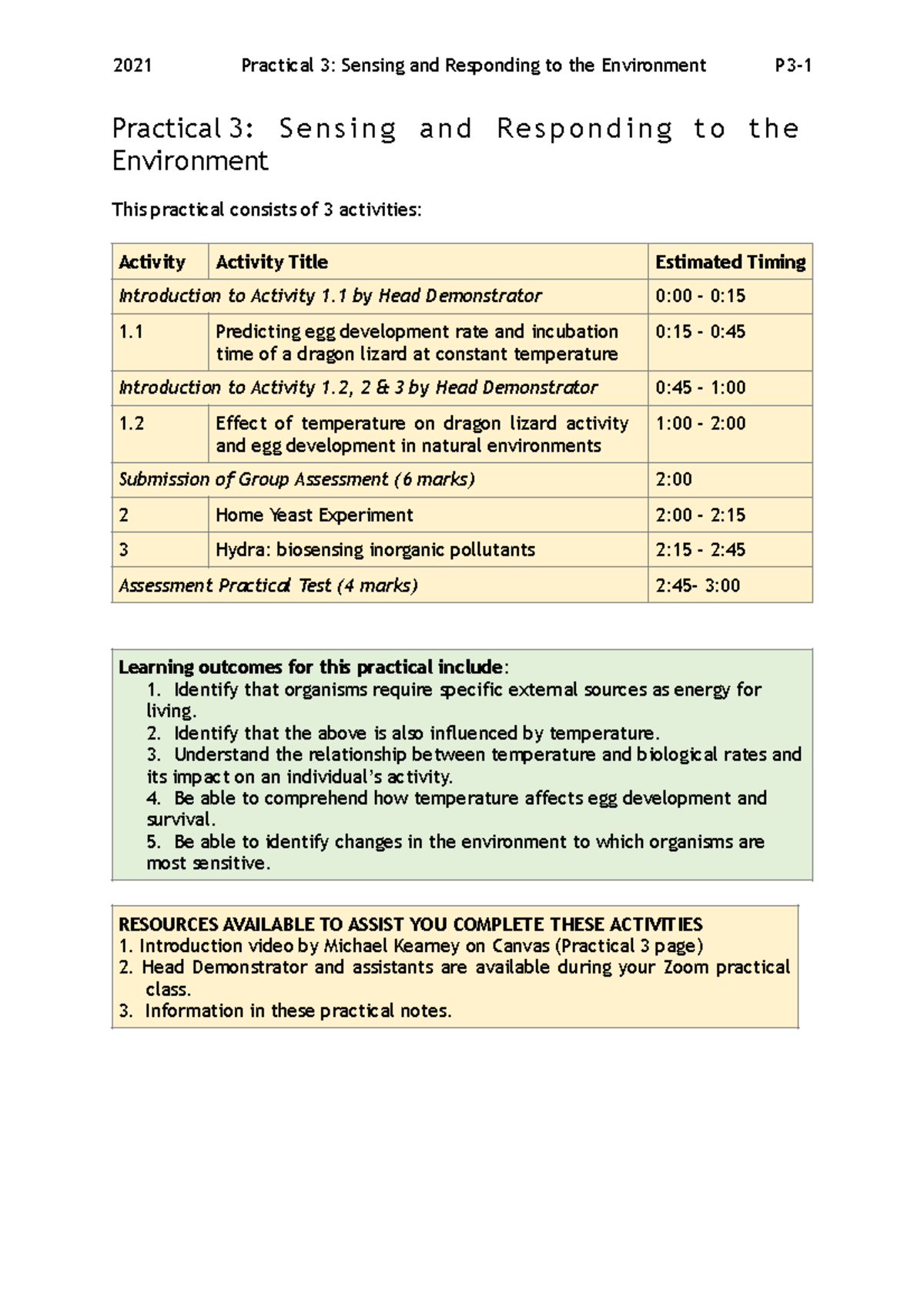 BIOL10010.11 Practical 3 Student Notes 2021 - Practical 3: S e n s i n ...
