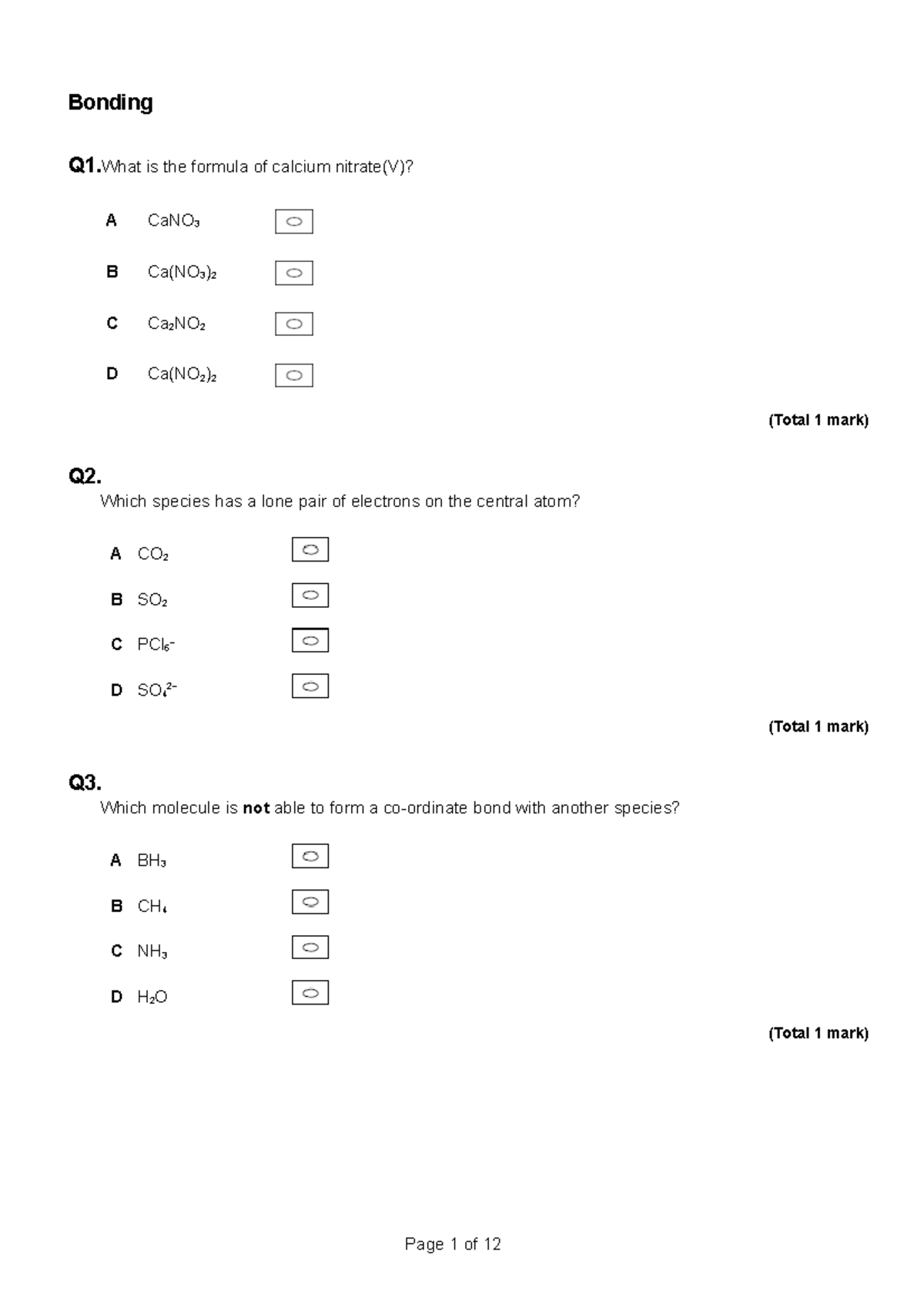 Bonding - work - Bonding Q1 is the formula of calcium nitrate(V)? A ...