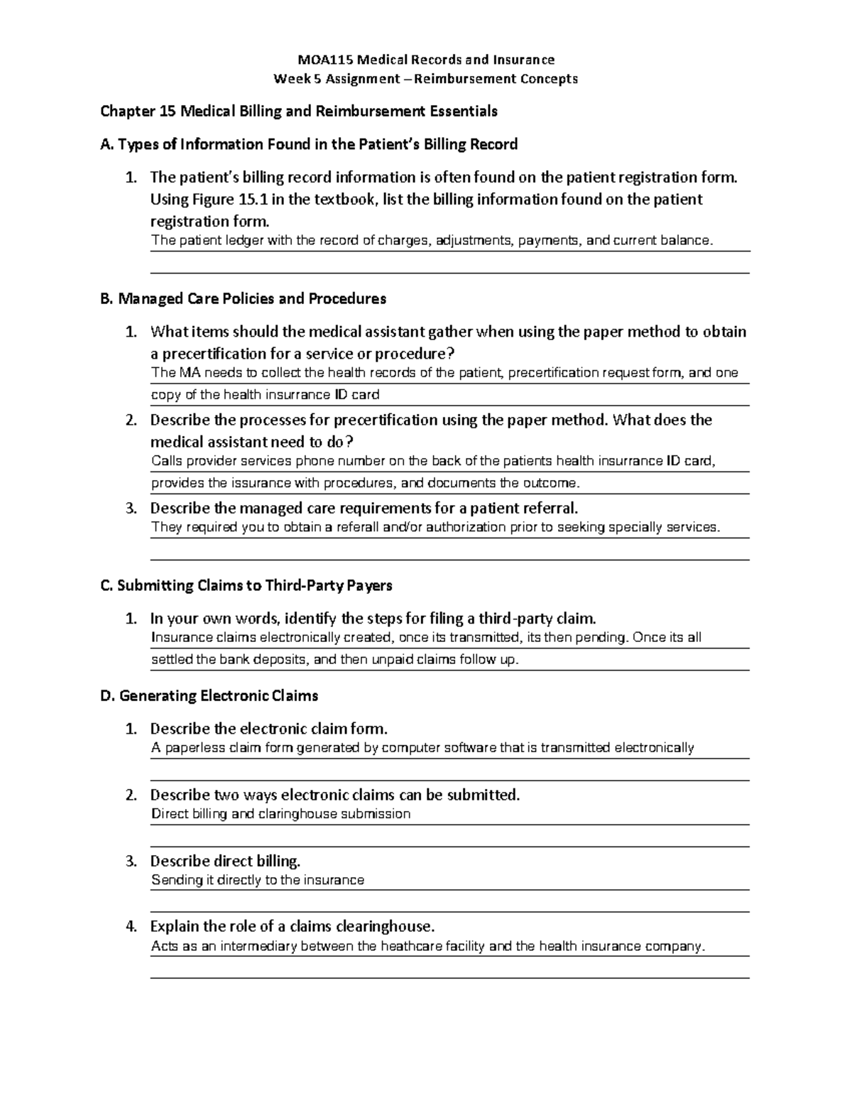 Week 5 Assignment Worksheet - MOA115 Medical Records and Insurance Week ...