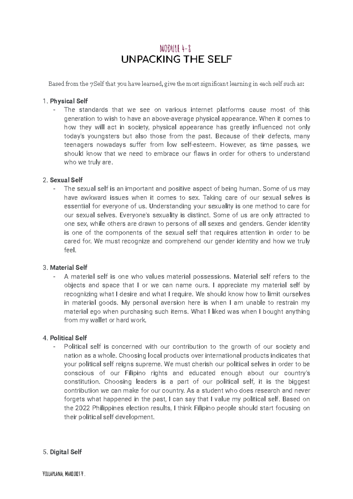 Understanding The Self - MODULE 4- UNPACKING THE SELF Based from the 7 ...