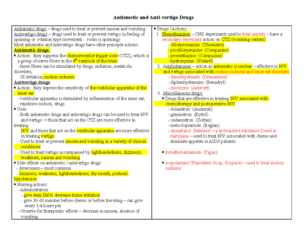 Antiemetic and Antivertigo - Studocu