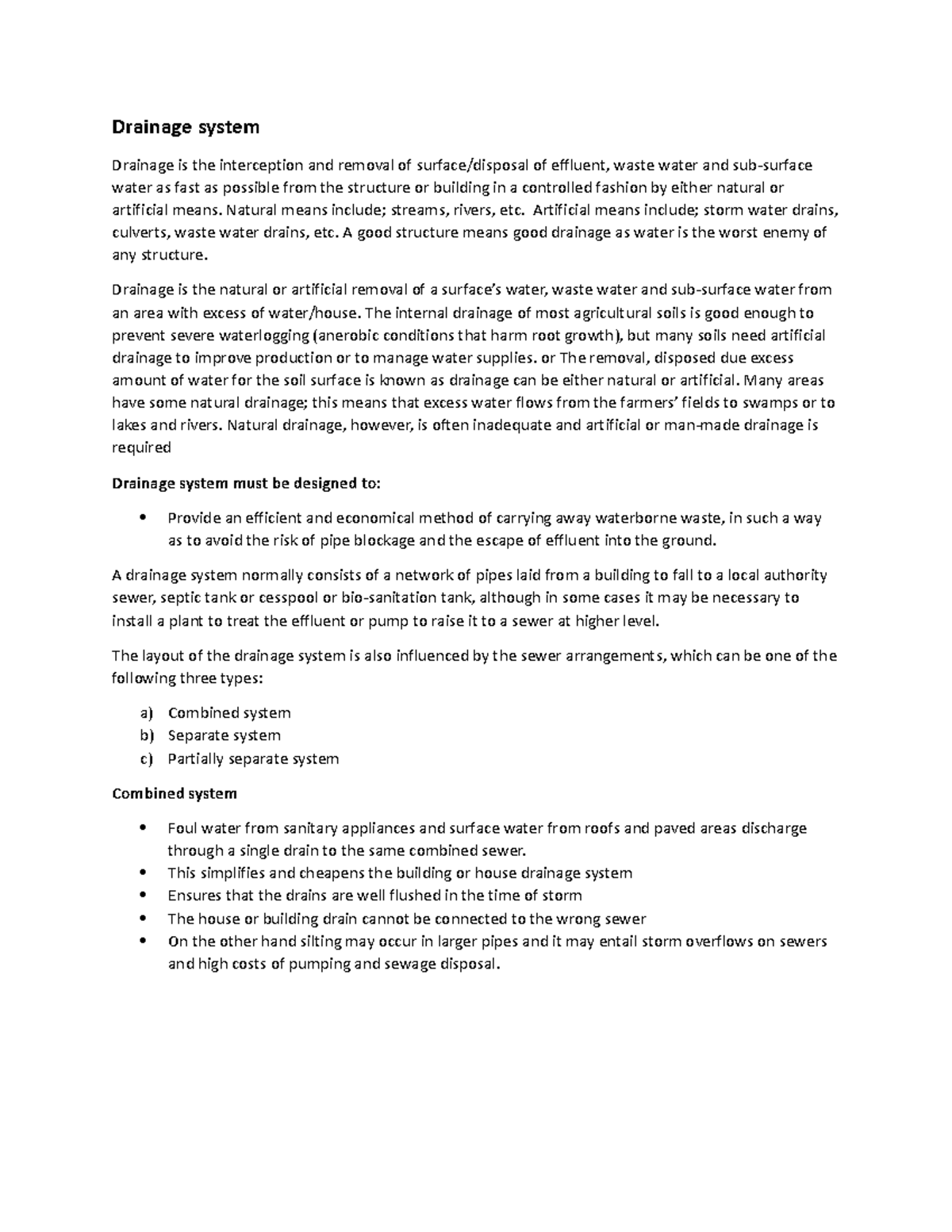 Drainage system - notes - Drainage system Drainage is the interception ...