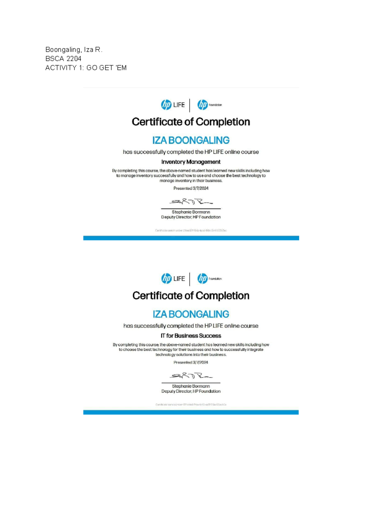 Activity 1- GO GET 'EM - BS Customs Administration - Boongaling, Iza R ...