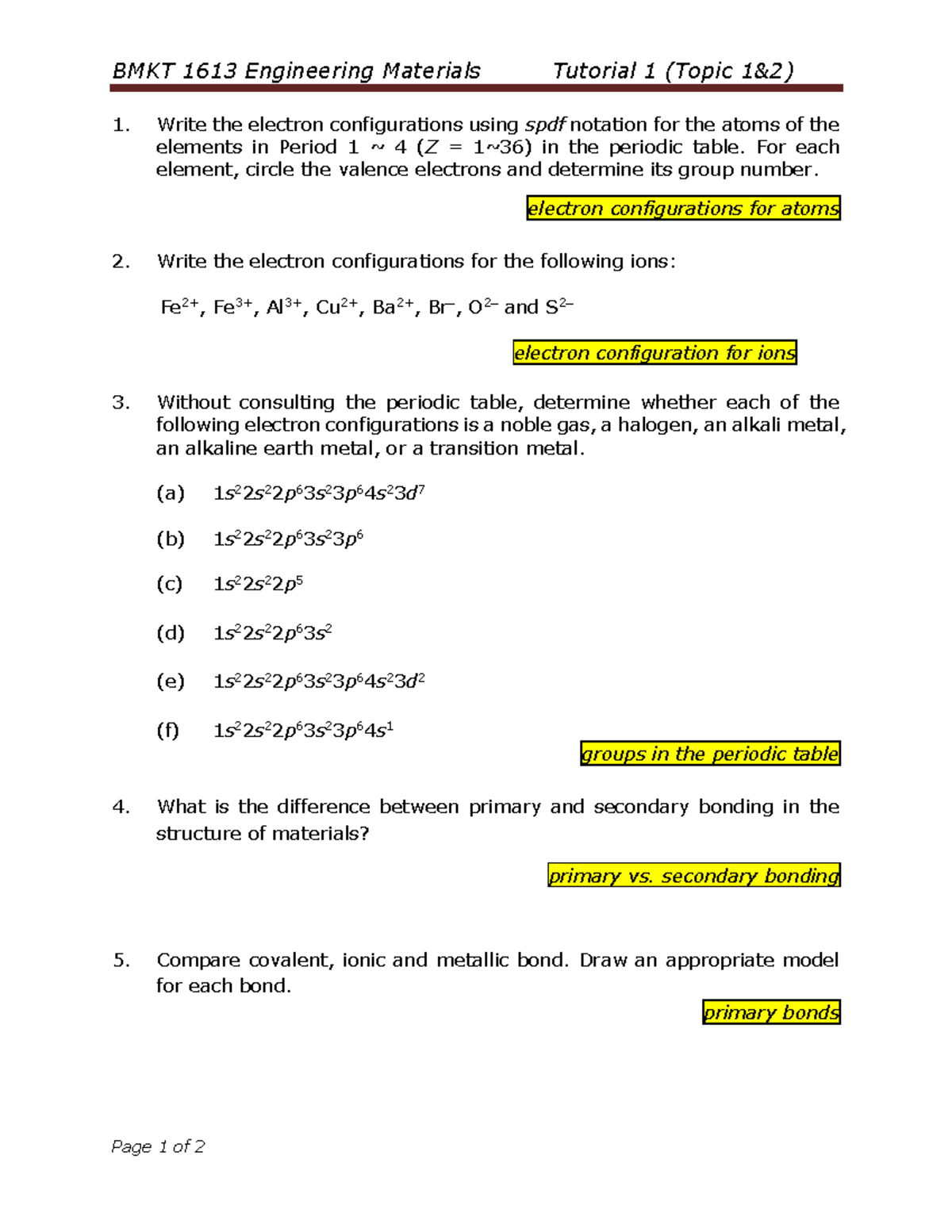Tutorial 1 Q - For each element, circle the valence electrons and ...