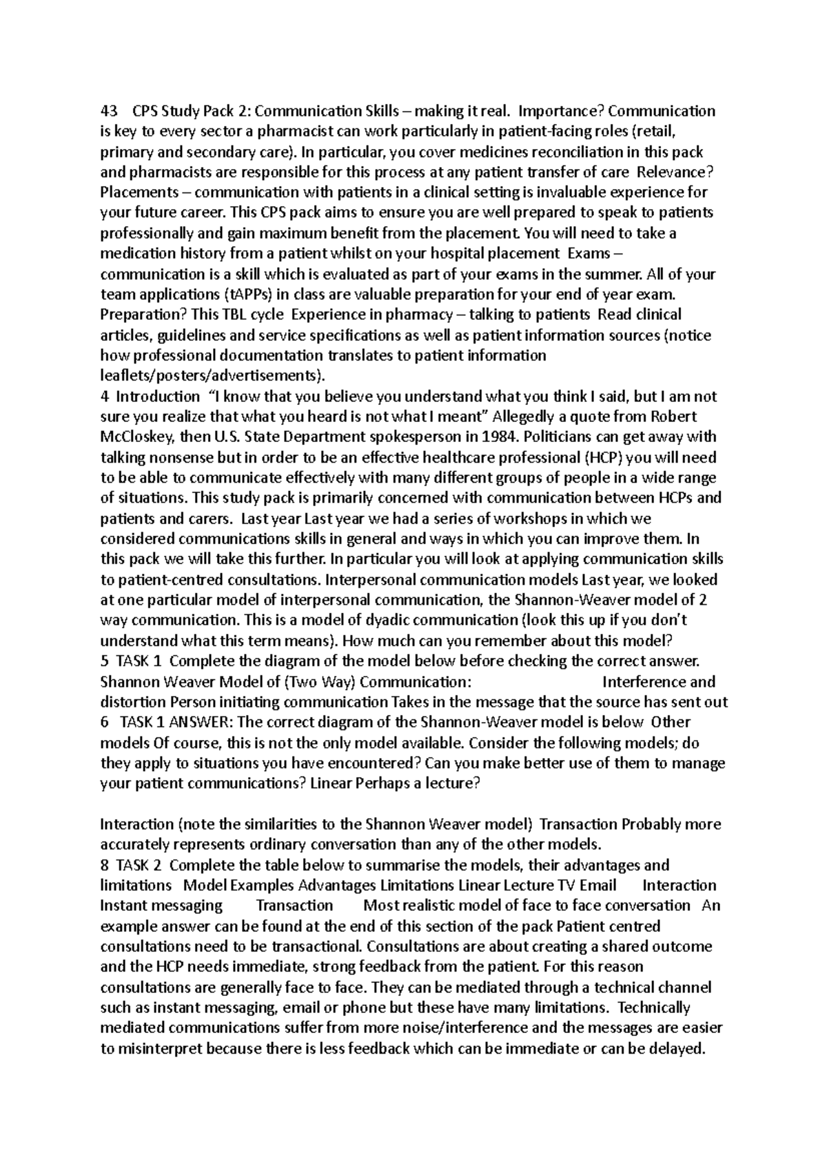 Pharmacy notes 6 - 43 CPS Study Pack 2: Communication Skills – making ...