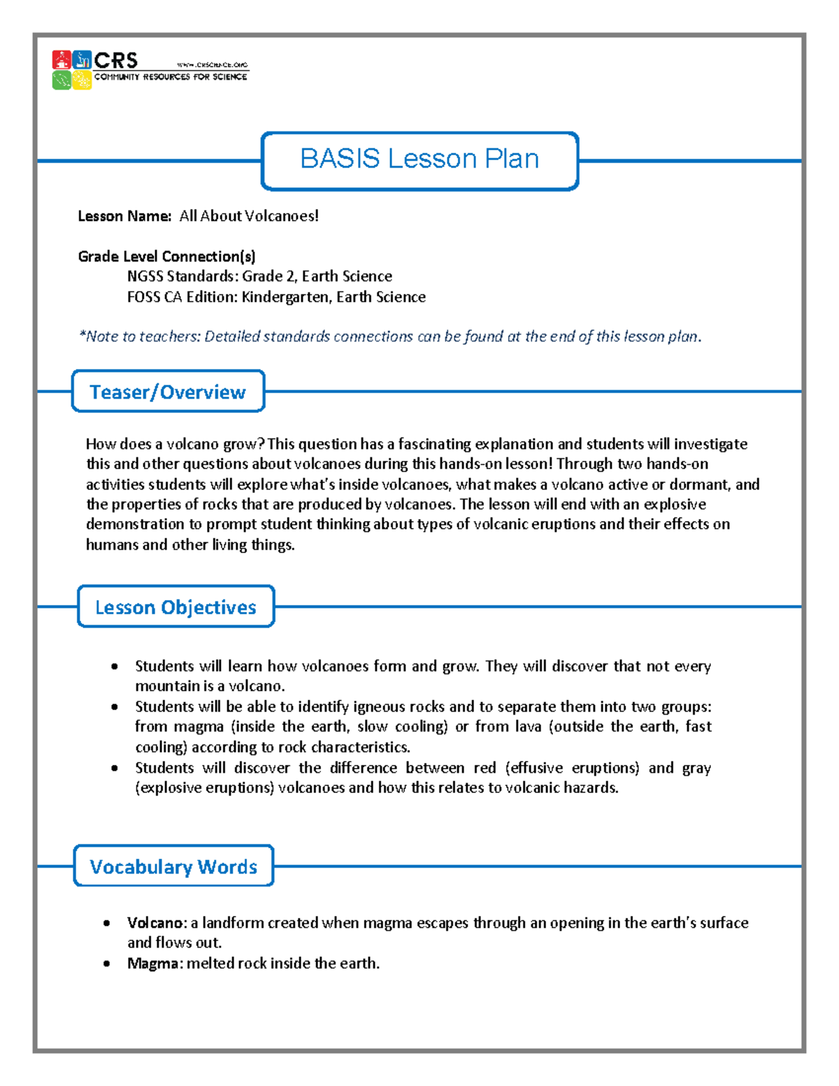 2 All About Volcanoes 1617 - Lesson Name: All About Volcanoes! Grade ...