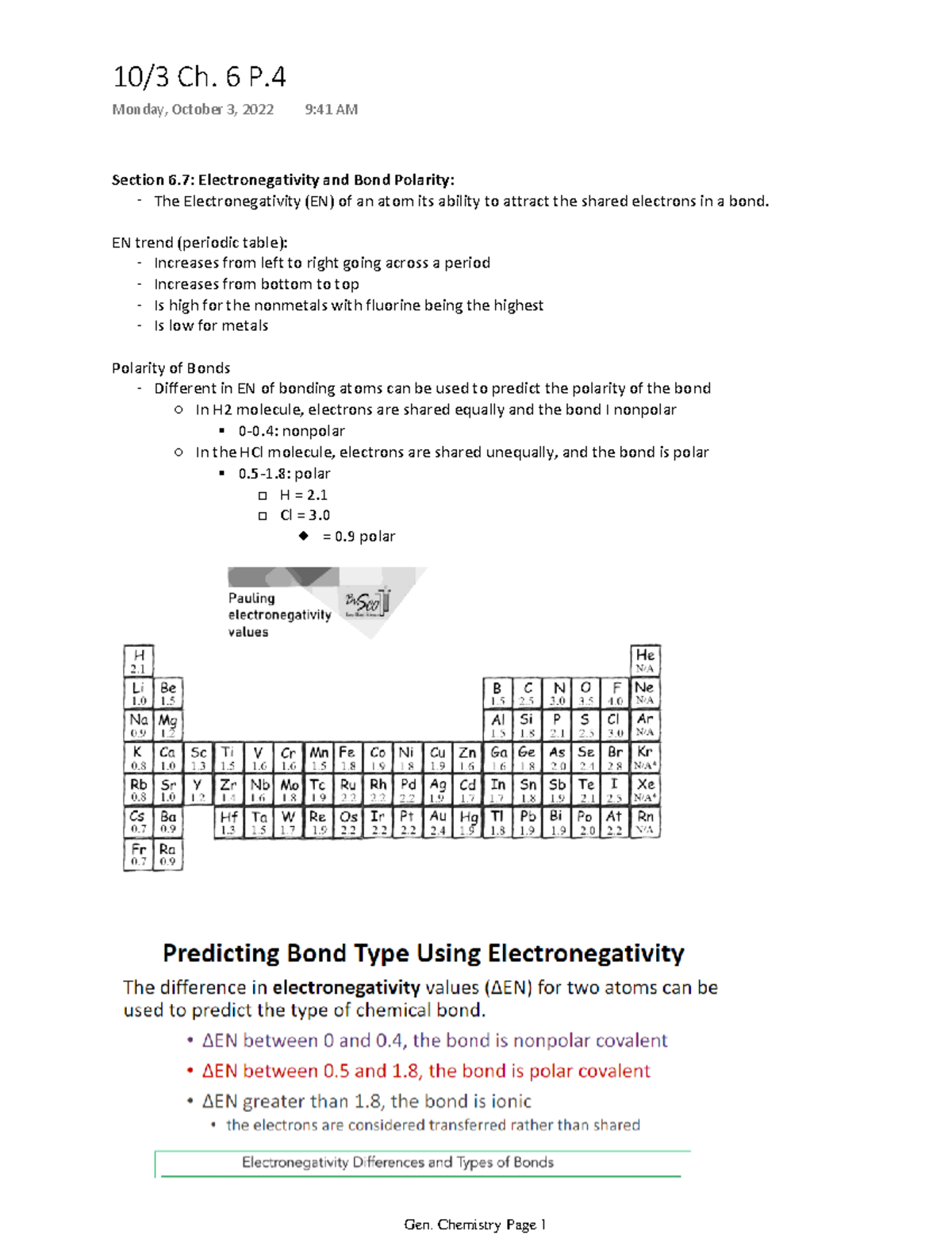 Gen. Chemistry 3 - Section 6: Electronegativity and Bond Polarity ...