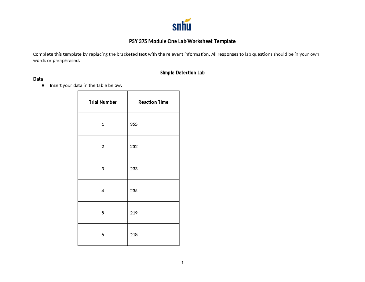 PSY 375 Module One Lab Worksheet Template - PSY 375 Module One Lab ...
