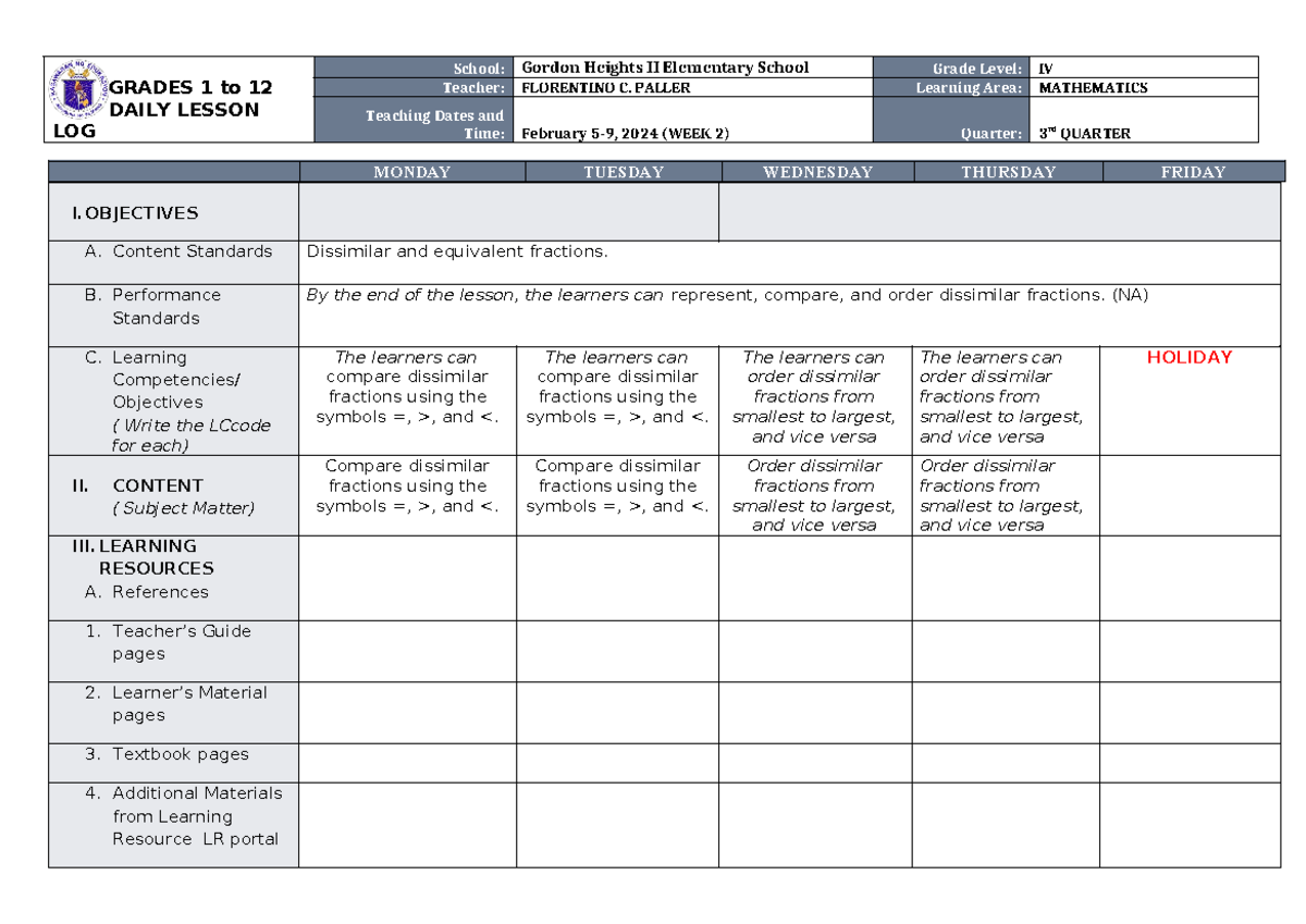 DLL Mathematics-4 Q3 W2- Matatag - GRADES 1 to 12 DAILY LESSON LOG School: Gordon Heights II ...