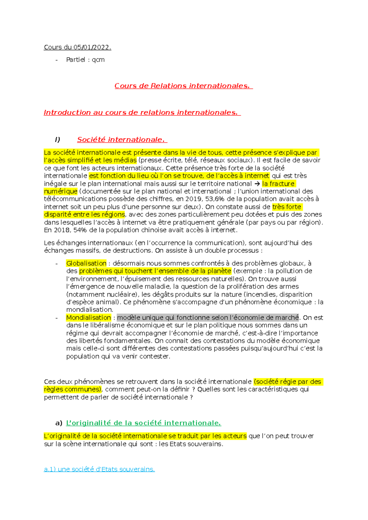 Cours n°1 relations internationales L1 - Cours du 05/01/2022. Partiel : qcm Cours de Relations ...