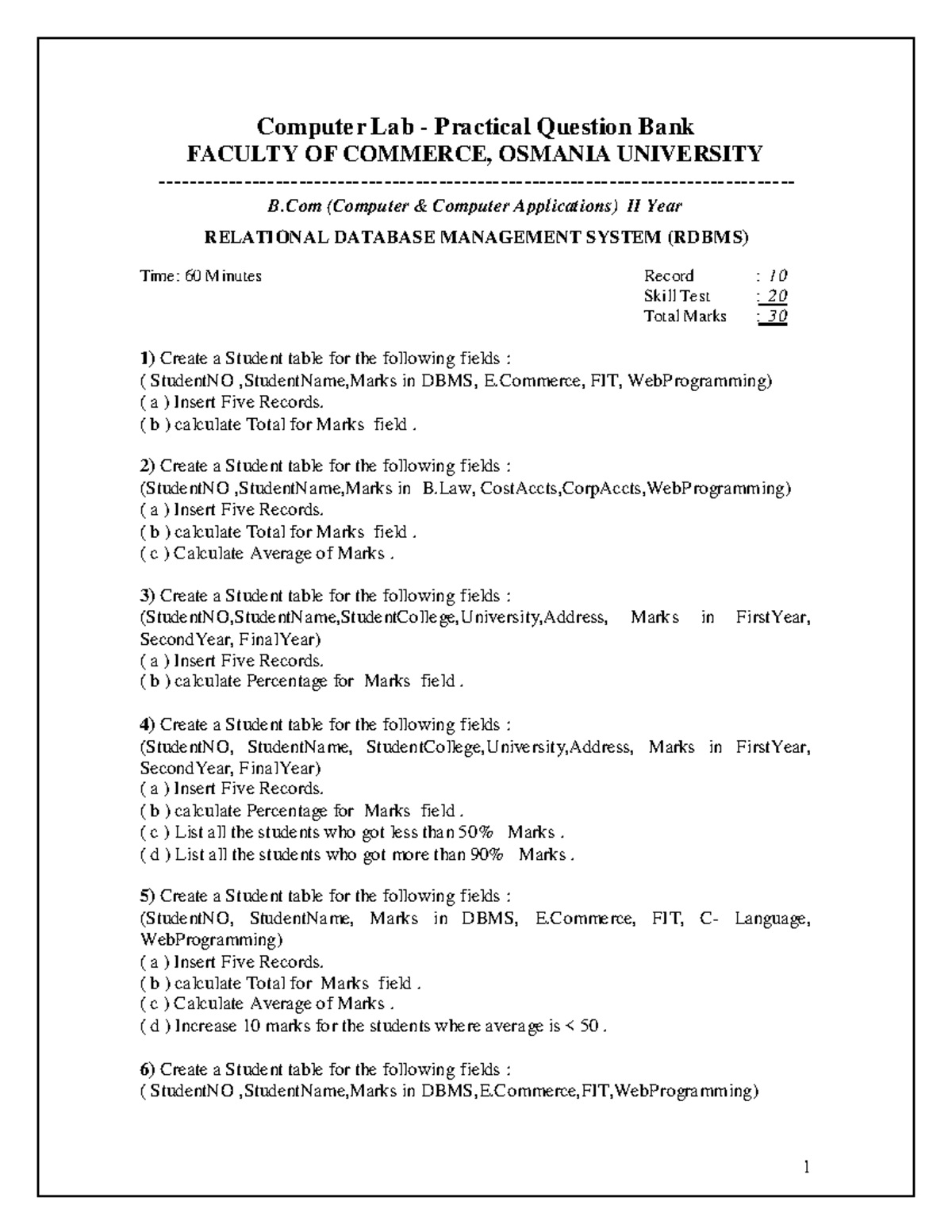 Rdbmsqb - Dbms - Computer Lab - Practical Question Bank FACULTY OF ...