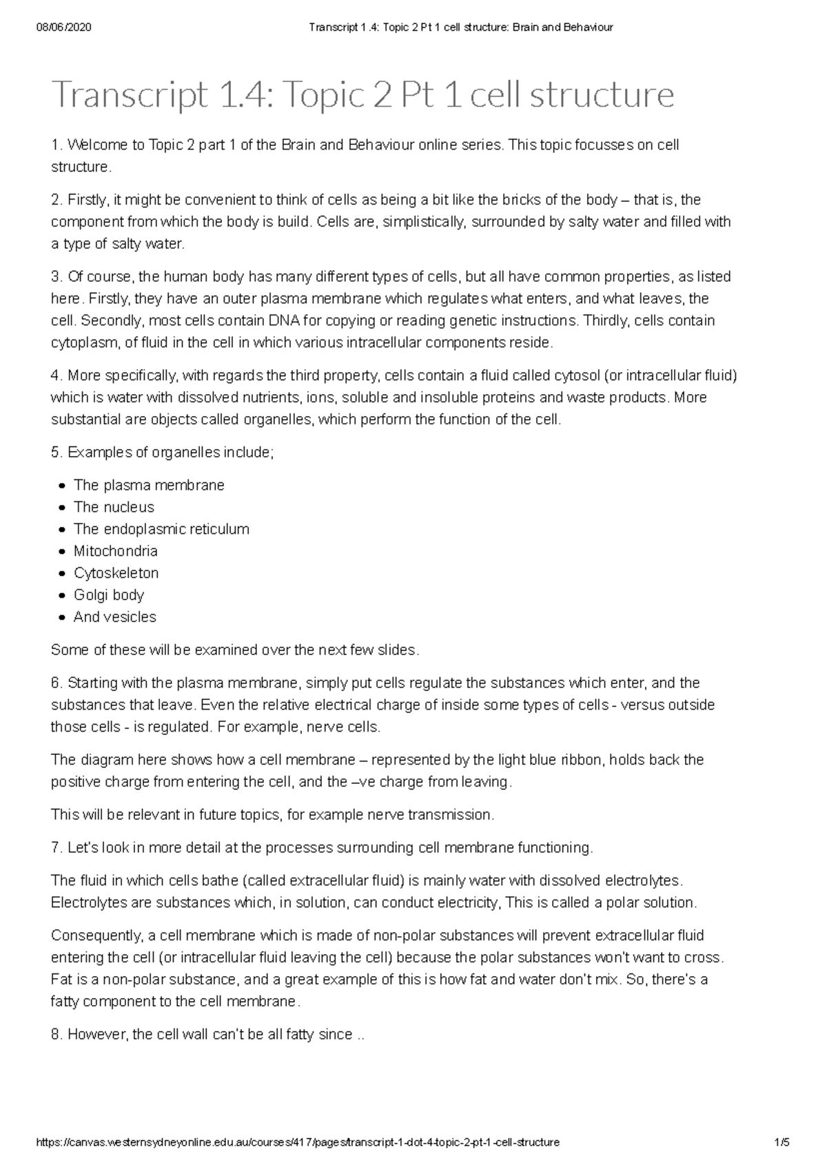 Transcript 1.4 Topic 2 Pt 1 cell structure Brain and Behaviour ...