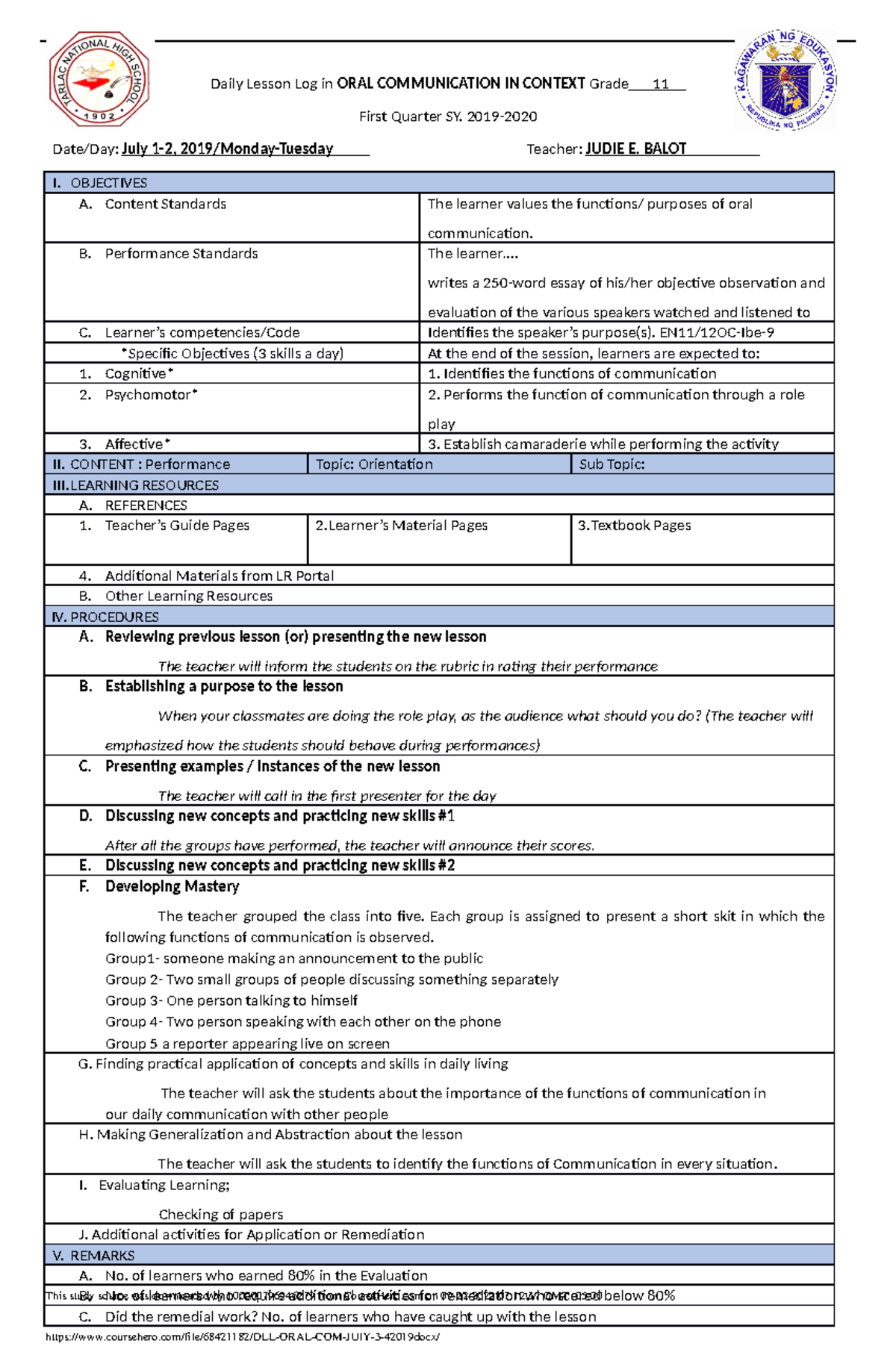 DLL ORAL COM JUl Y 3 4 2019 - Daily Lesson Log in ORAL COMMUNICATION IN ...