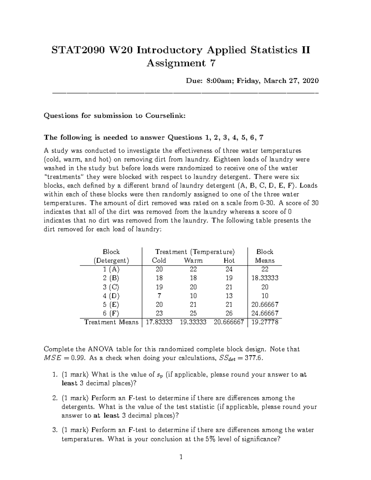 ST2090 Assignment 7 W20 - STAT2090 W20 Introductory Applied Statistics ...
