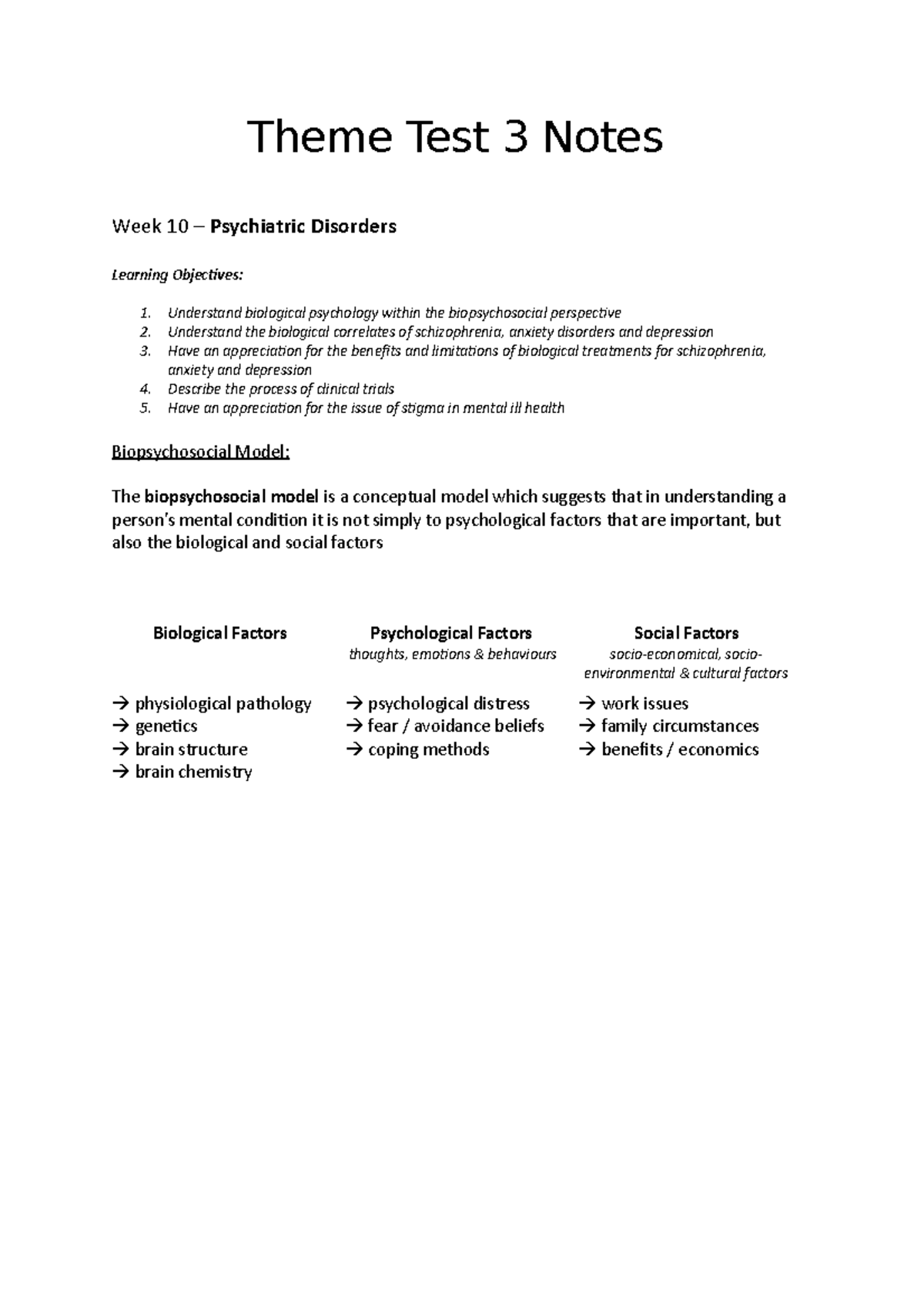 Theme Test 3 Notes - Theme Test 3 Notes Week 10 – Psychiatric Disorders ...