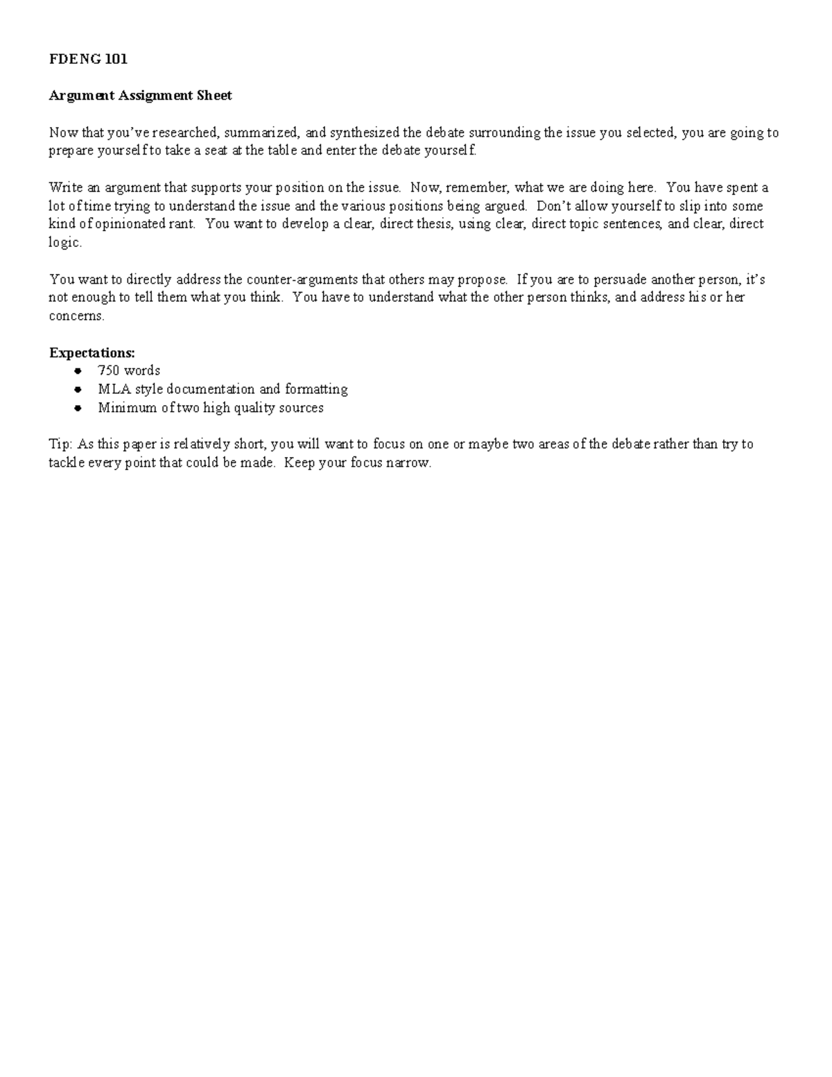 Argument assignment sheet - Write an argument that supports your ...