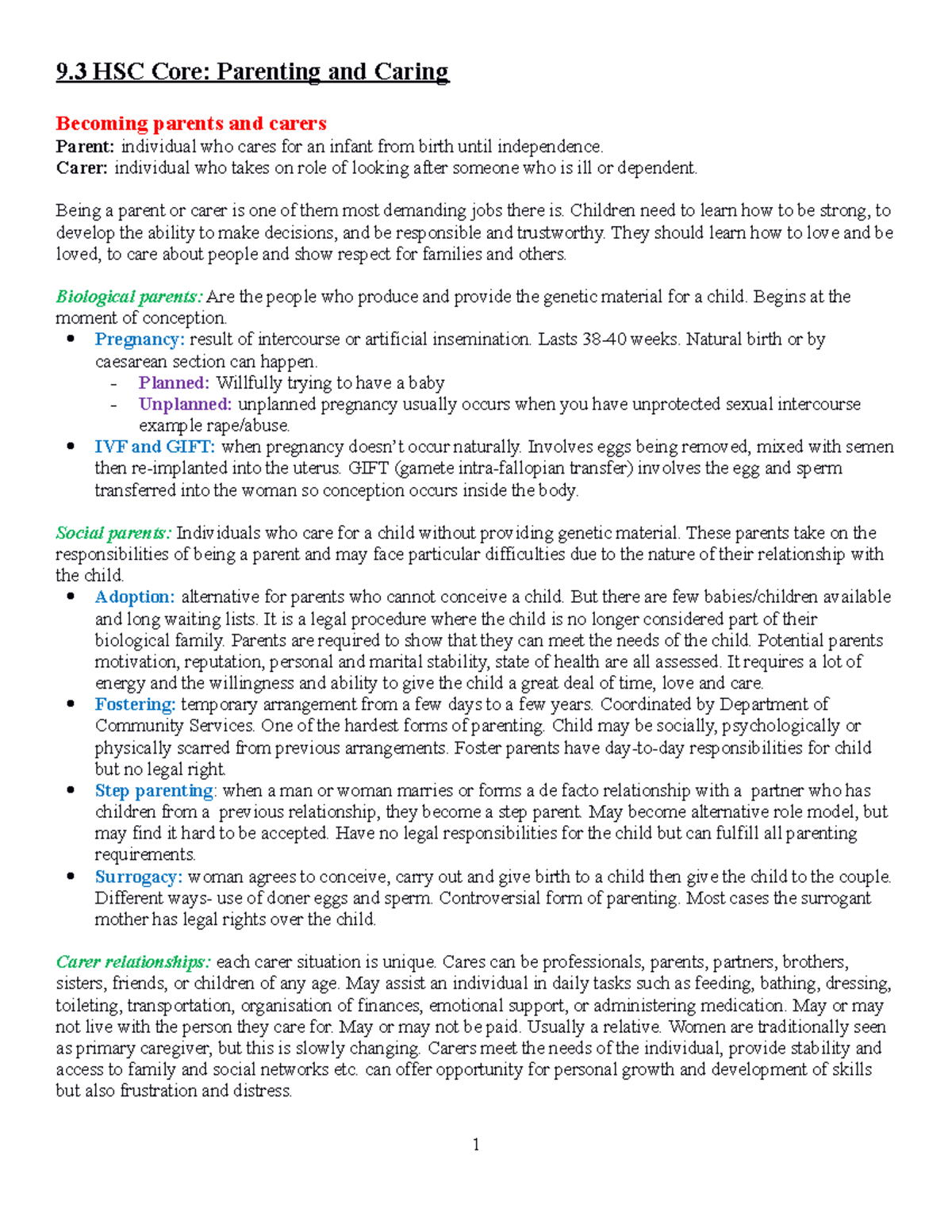 CAFS Notes - Parenting and Caring - 9 HSC Core: Parenting and Caring ...