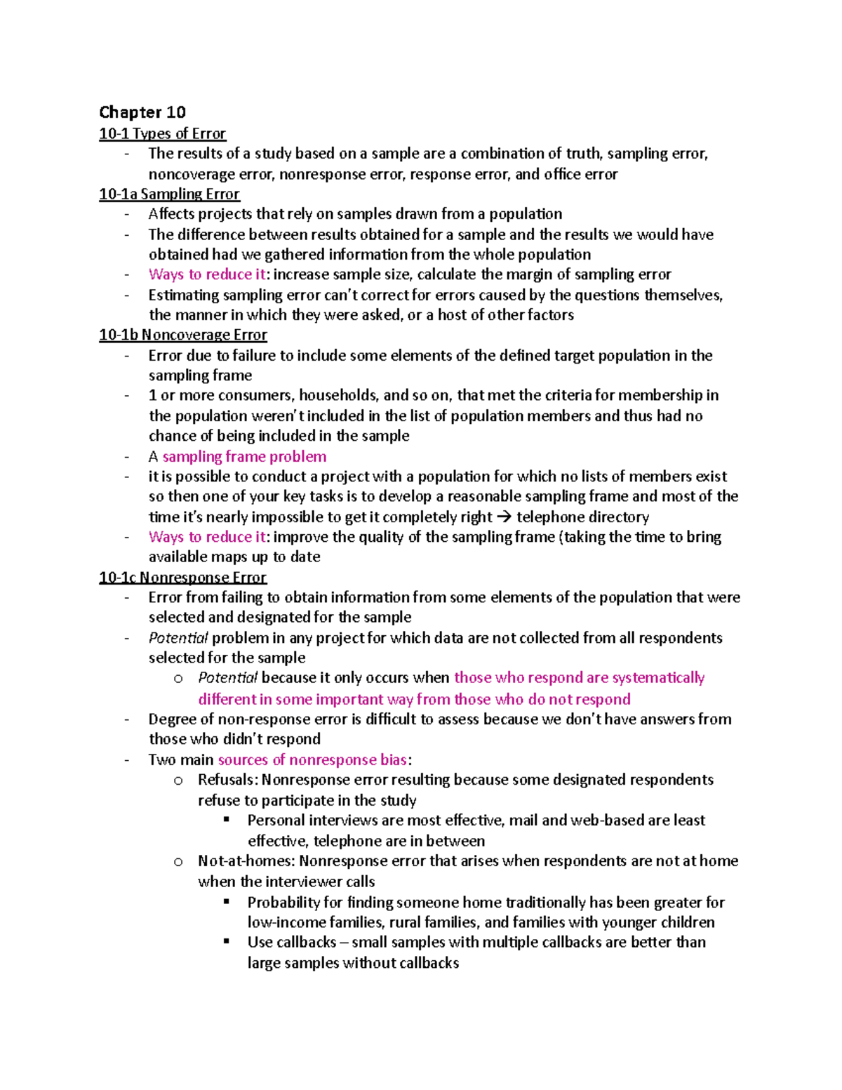 Ch. 10-14 Textbook Reading Notes - Chapter 10 10-1 Types of Error - The ...