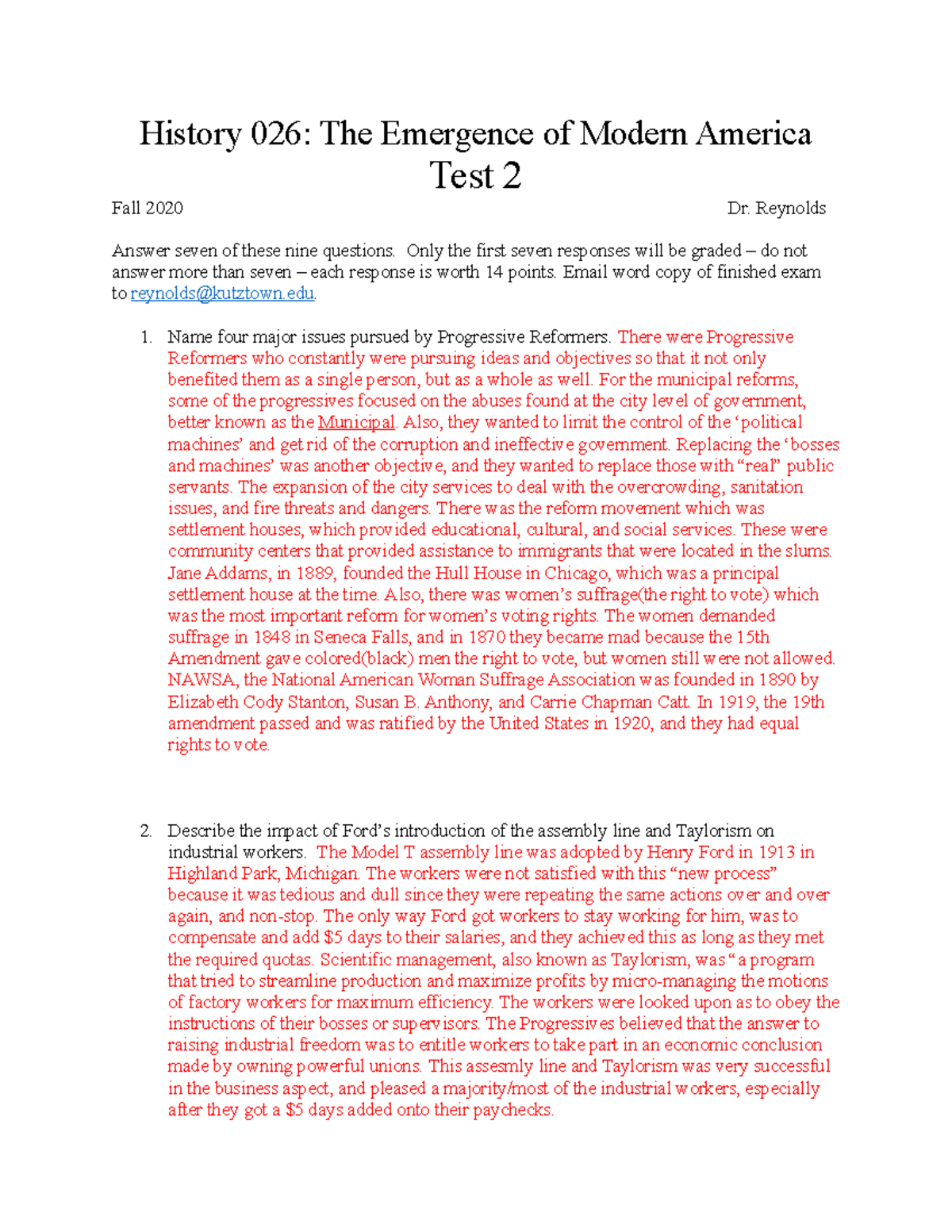 Thomas - TEST 2, Dr. R - History 026: The Emergence of Modern America ...
