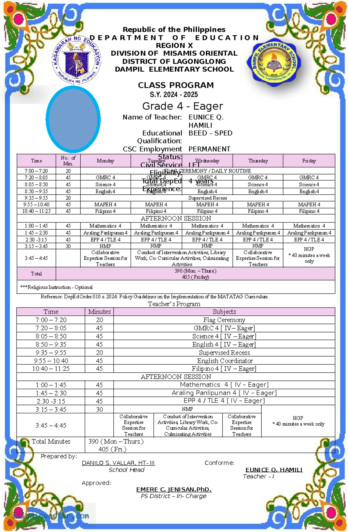 Class Program G4 Eager 2024-2025 - Time No.: of Min. Monday Tuesday Wednesday Thursday Friday 7: ...