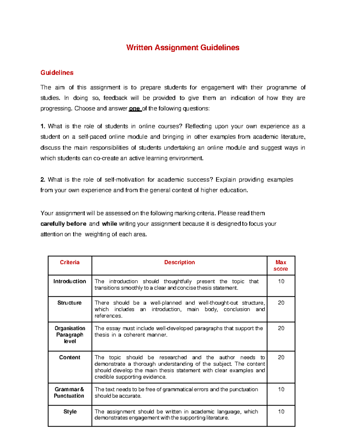 Induction Assignment Guidelines- Written Assignment Guidelines ...