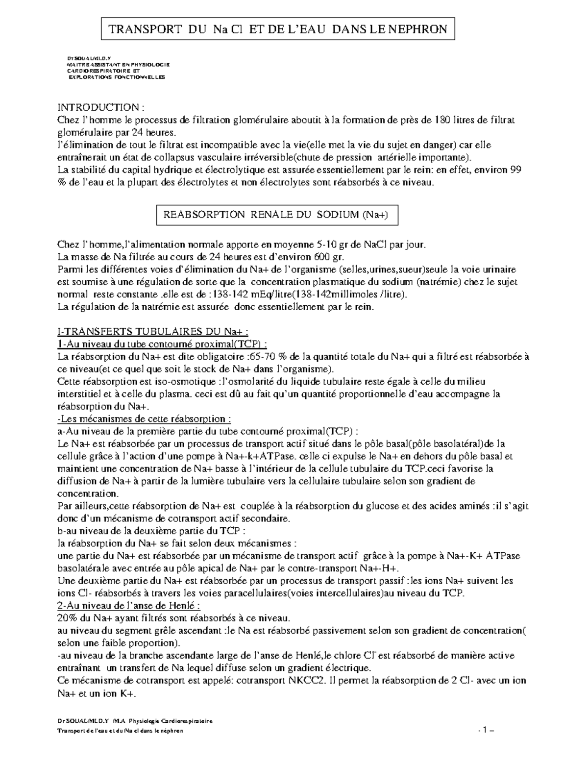 C17 Reabsorption de leau et Nacl - Dr SOUALMI.D M Physiologie ...