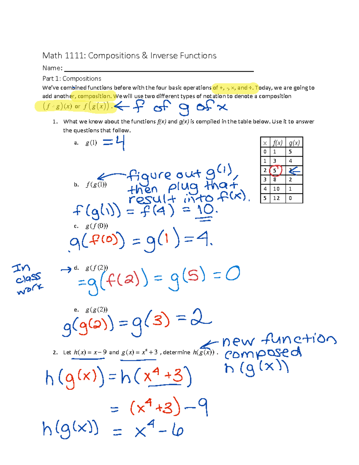 Composition Solutions - Math 1111: Compositions & Inverse Functions ...