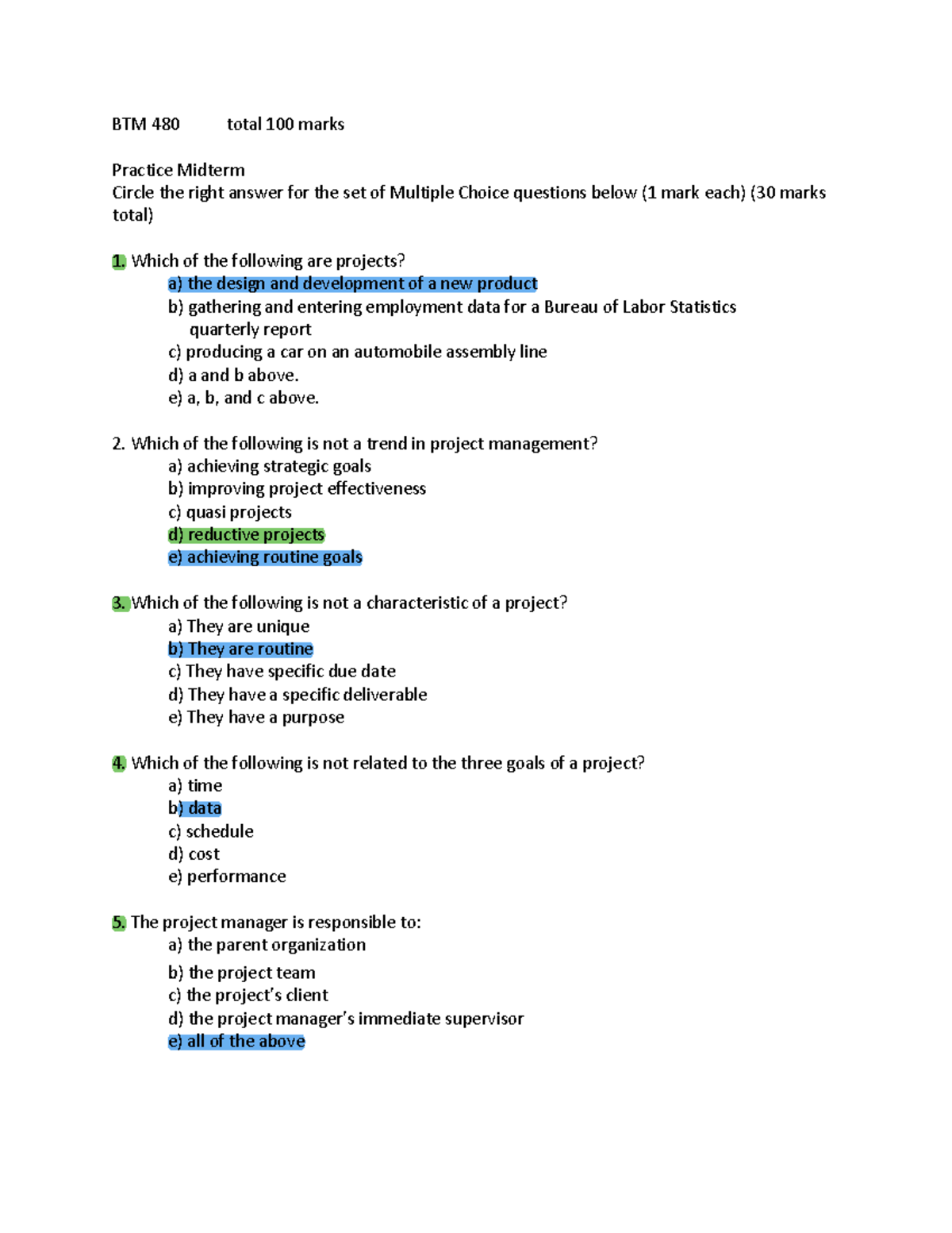 Practice midterm - BTM 480 total 100 marks Practice Midterm Circle the ...