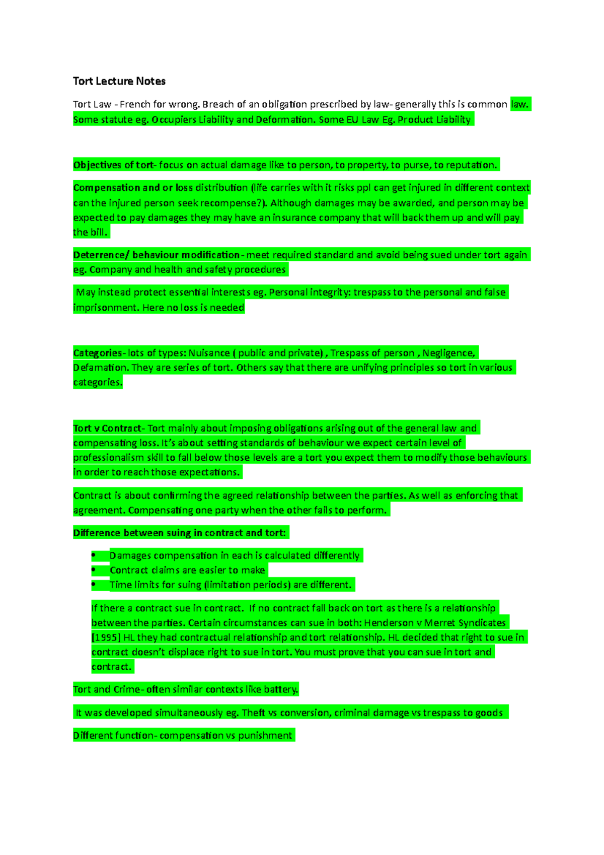 Tort Lecture Notes - Tort Lecture Notes Tort Law - French for wrong ...