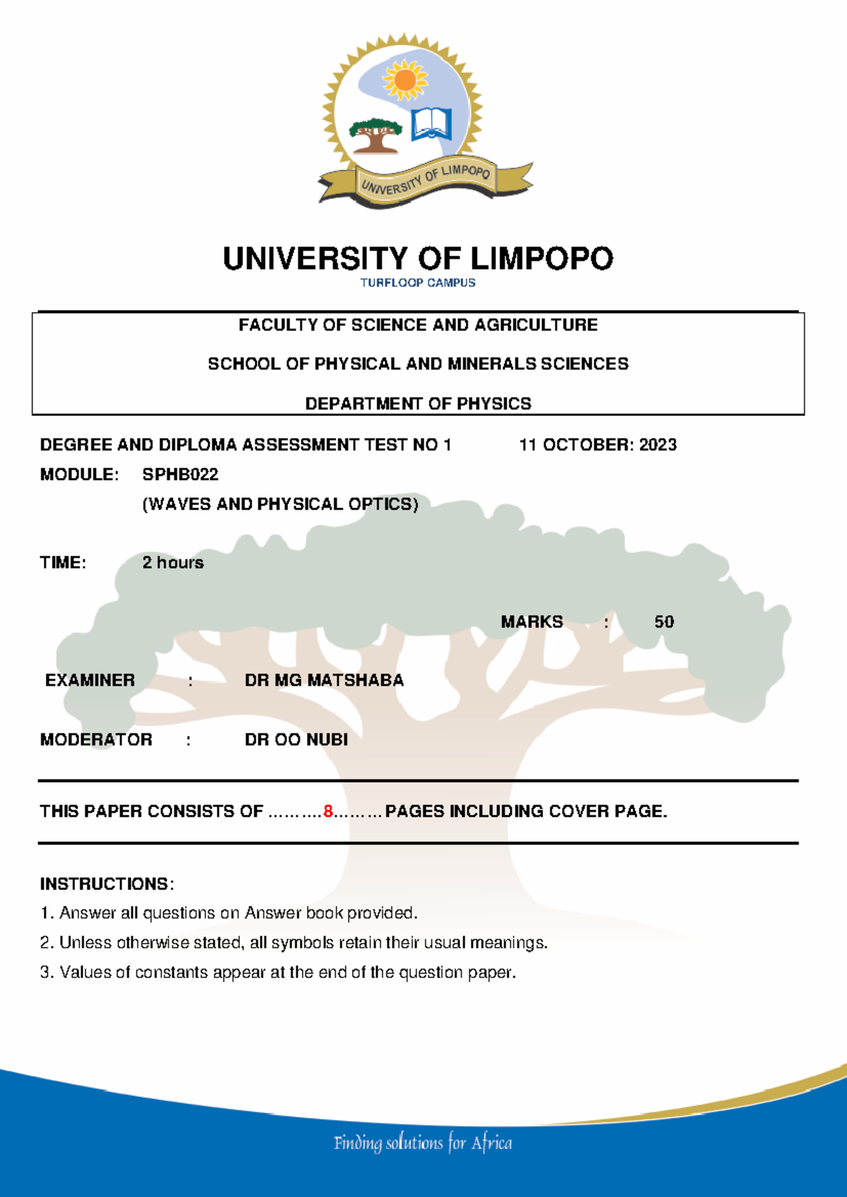 SPHB022 TEST 1 memo2024 - UNIVERSITY OF LIMPOPO TURFLOOP CAMPUS FACULTY ...