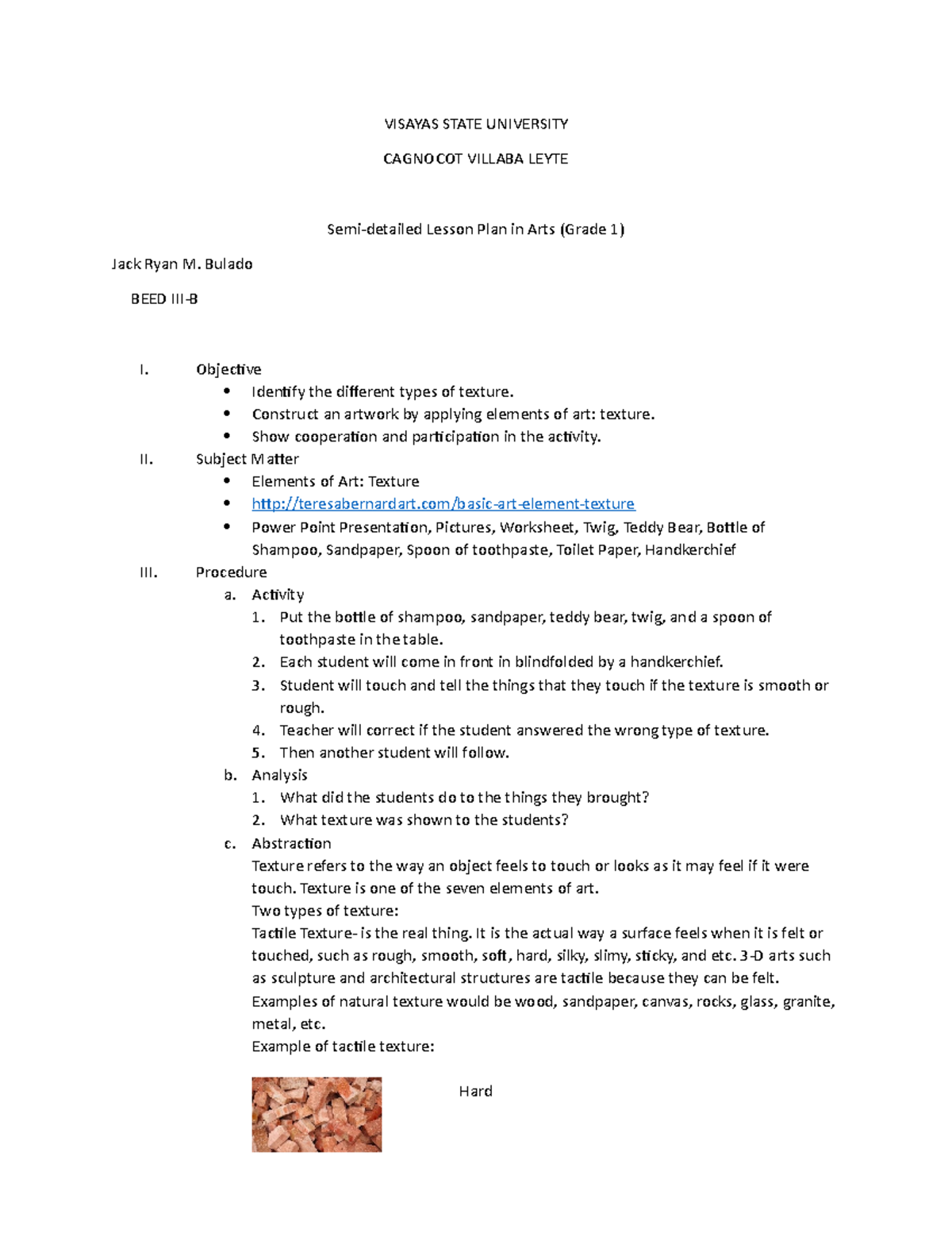 Lesson Plan in Arts - Bulado BEED III-B I. Objective Identify the ...