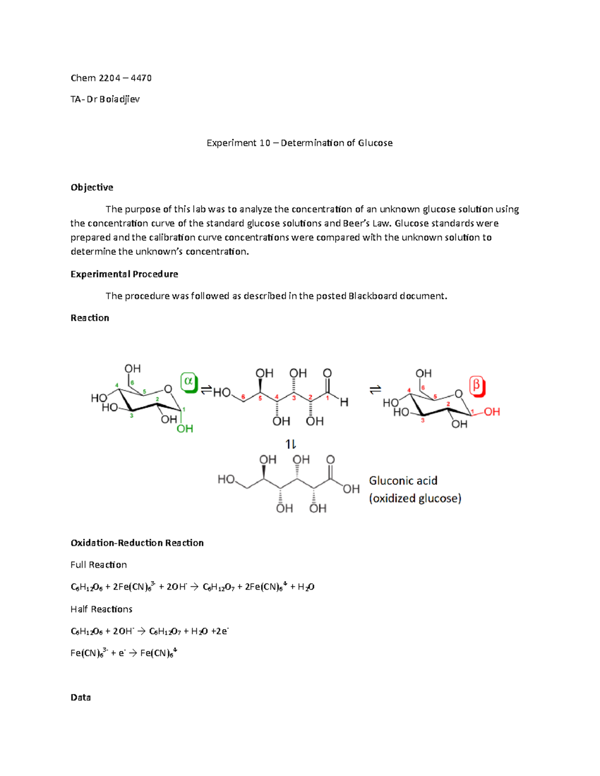 Lab 10 - lab report - Chem 2204 – 4470 TA- Dr Boiadjiev Experiment 10 ...