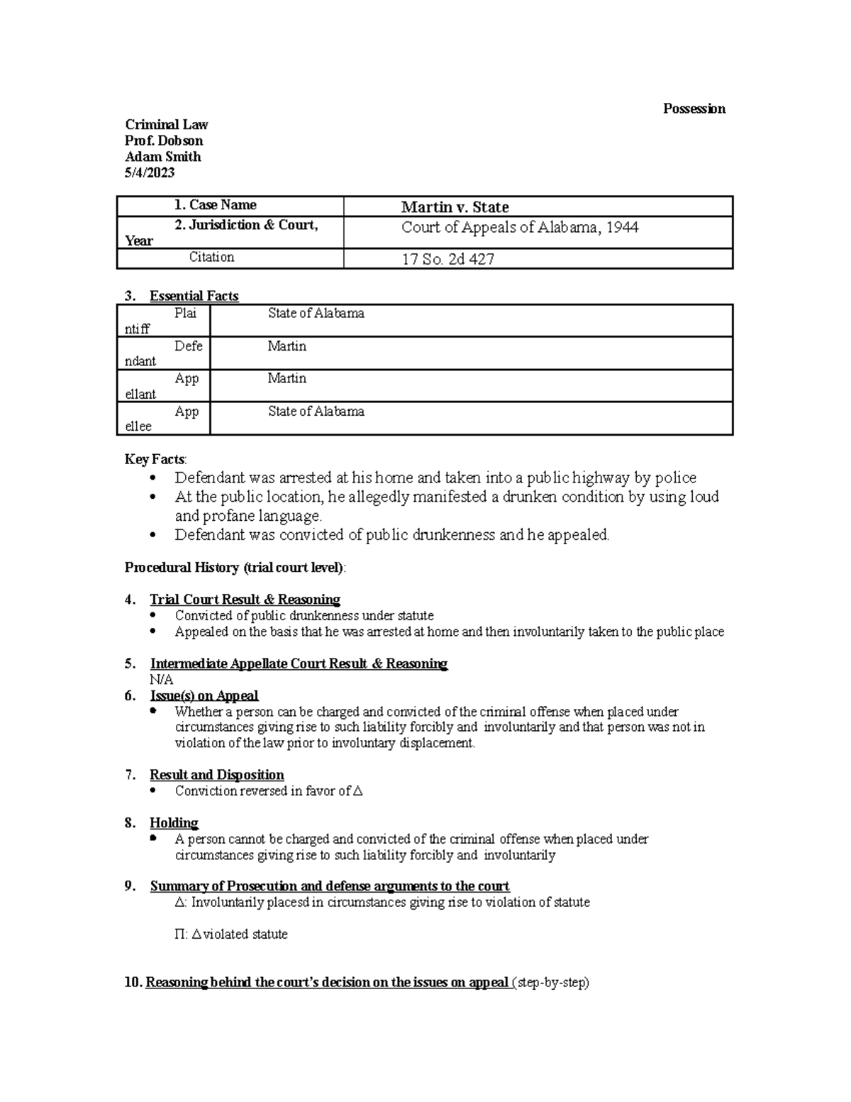 9.7.09 Martin v. State - Case Brief - Possession Criminal Law Prof ...