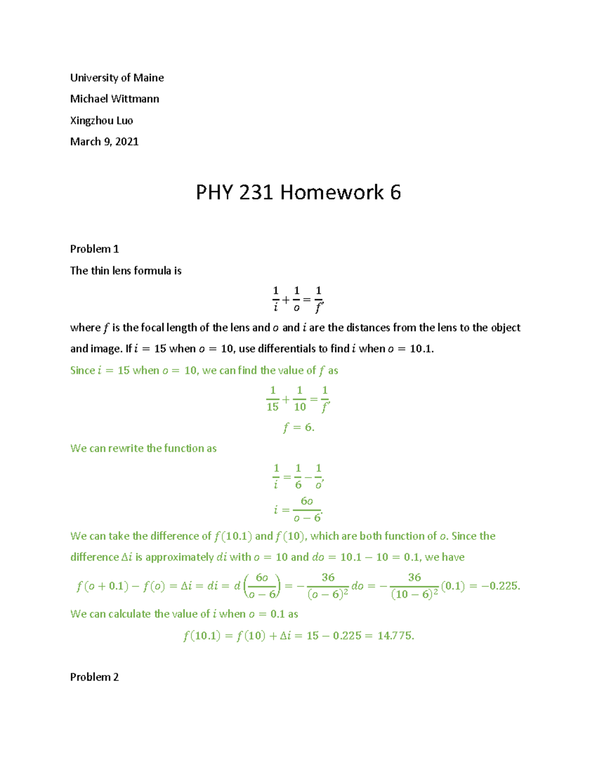 PHY 231 Homework 6 - University of Maine Michael Wittmann Xingzhou Luo ...