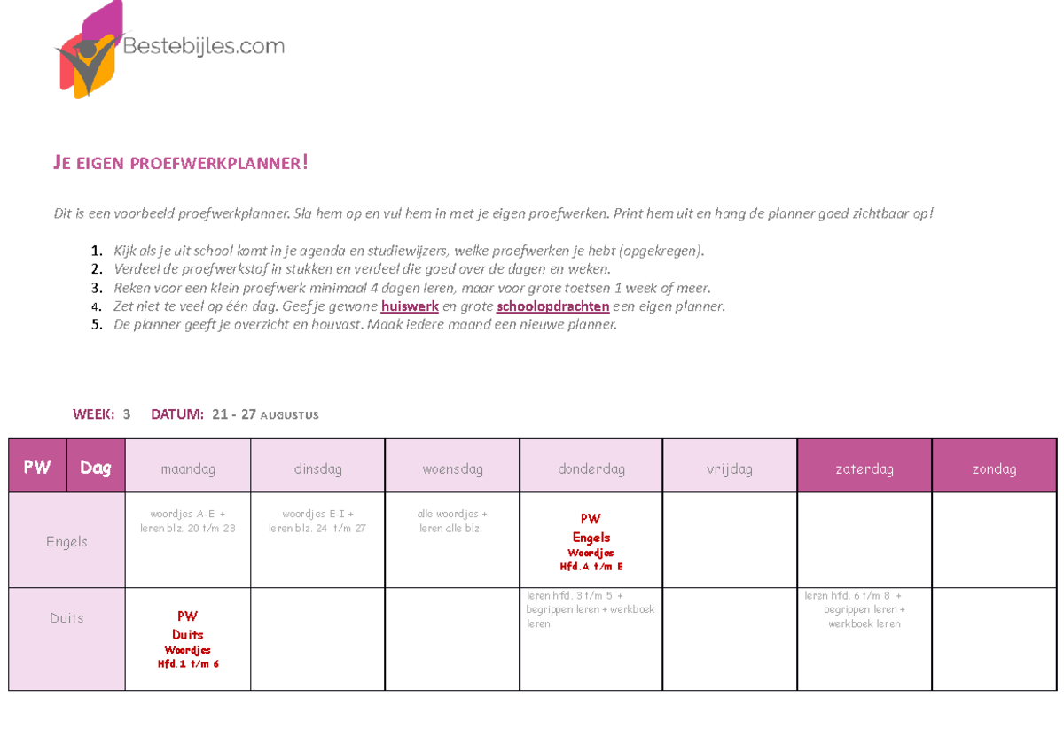 Proefwerkplanner - brrrrrr - JE EIGEN PROEFWERKPLANNER! Dit is een ...