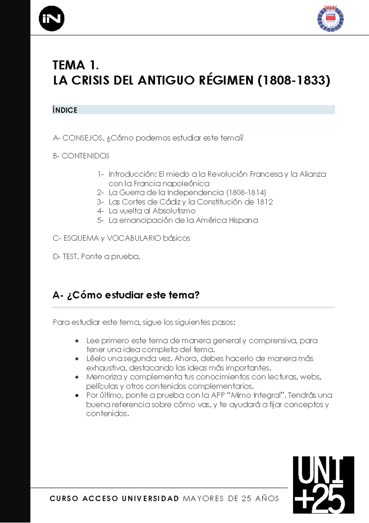 TEMA 1 LA Crisis DEL Antiguo Régimen - TEMA 1. LA CRISIS DEL ANTIGUO RÉGIMEN (1808-1833) ÍNDICE ...