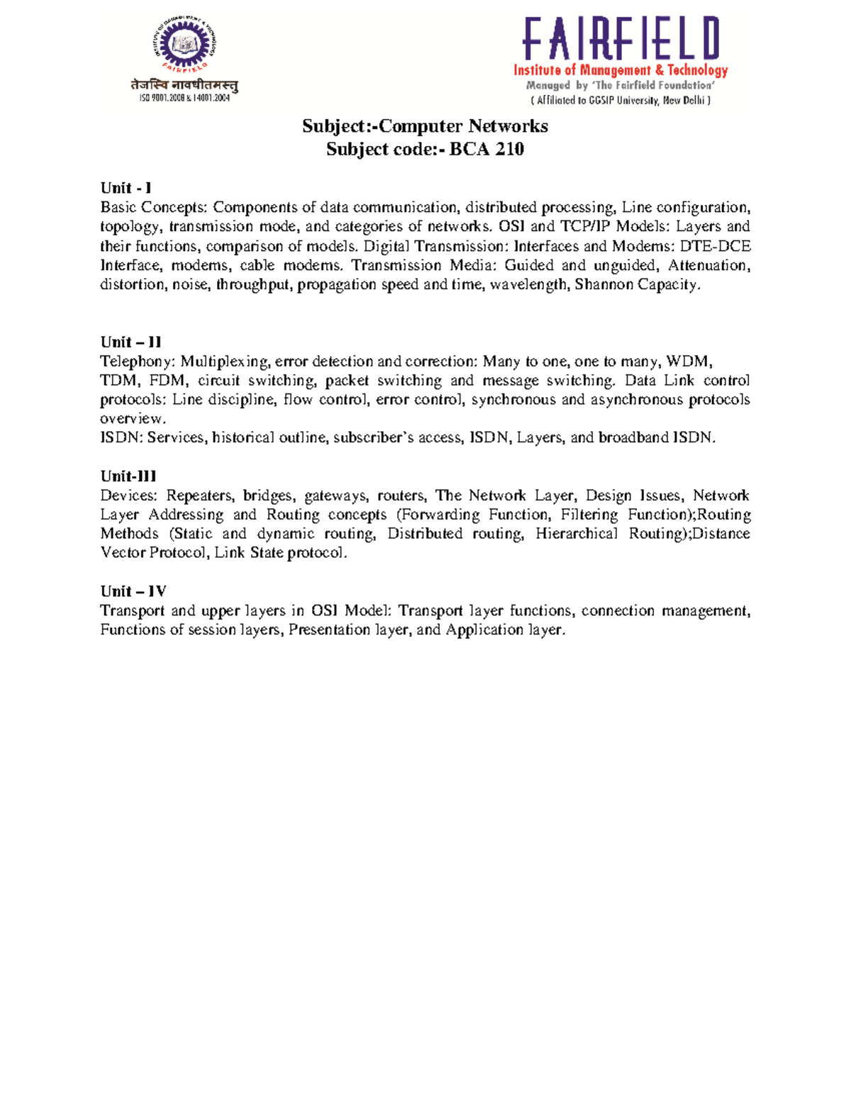 Bca210 - Subject:-Computer Networks Subject code:- BCA 210 Unit - I ...