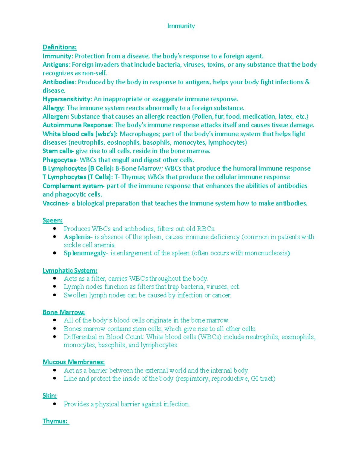Unit 6 Immunity Notes - Definitions: Immunity: Protection from a ...