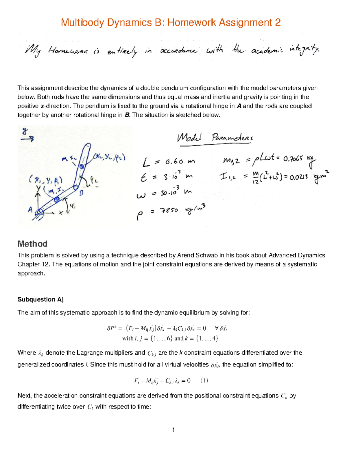 HW02 - Assignment 2 full homework - Multibody Dynamics B: Homework ...
