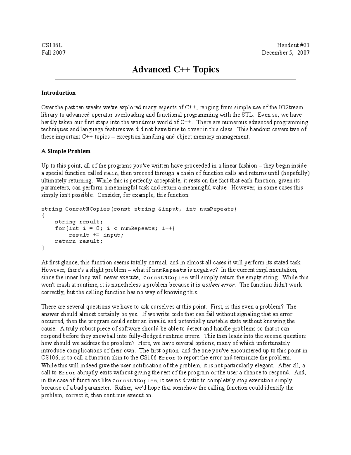 C++ Programming Advanced Features - CS106L Fall 2007 Handout # December 5, 2007 Advanced C++ ...