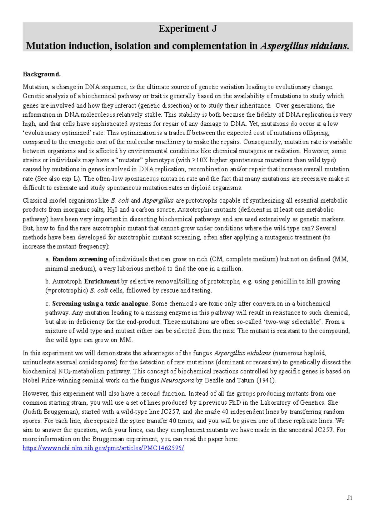 Exp J 2023 - Practical Experiment J - Experiment J Mutation induction ...